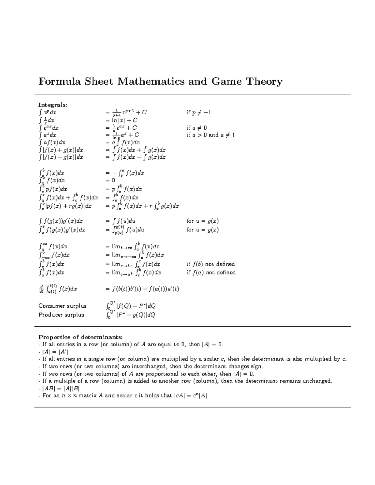 Mathematics & Game Theory Formula Sheet - Studeersnel