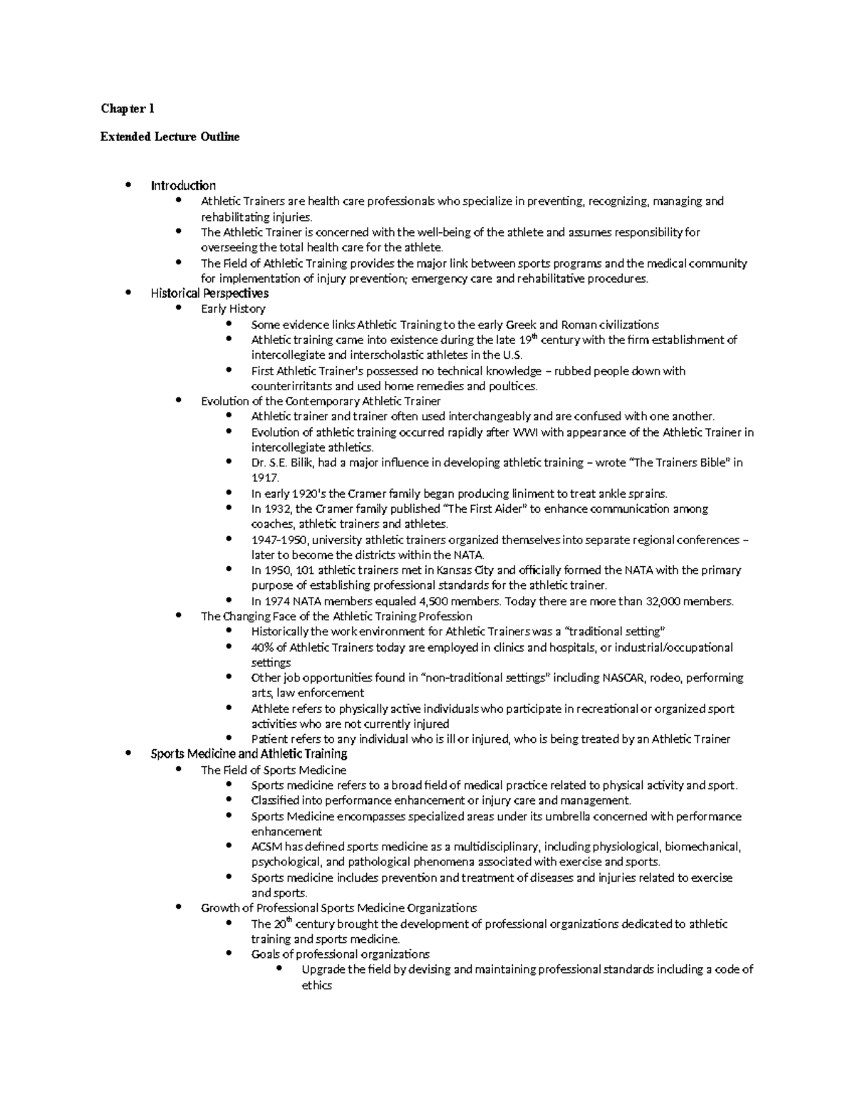 Chapter 1 Extended Lecture Outline: Introduction to Athletic Training ...