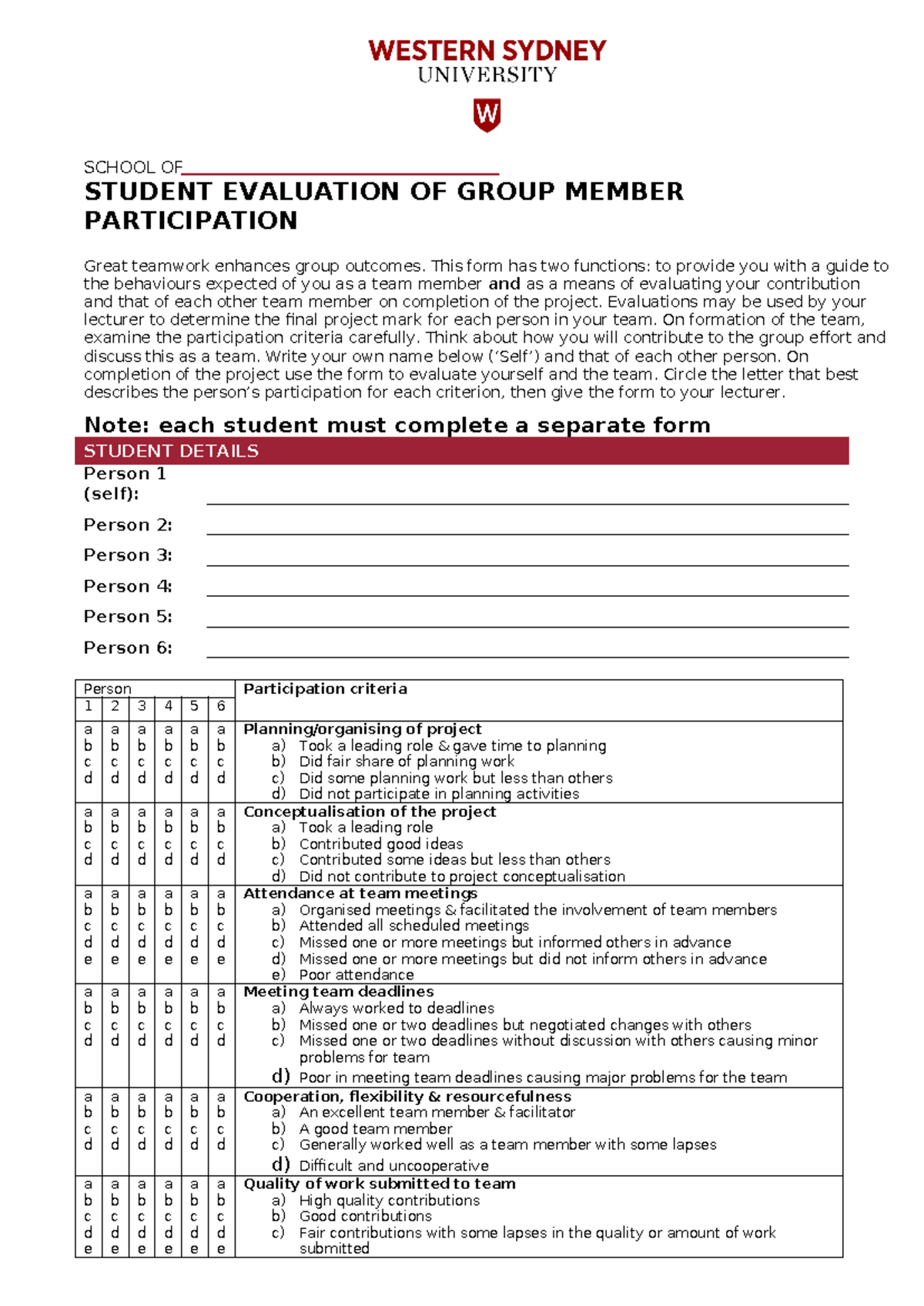 WSU Student Evaluation of Group Members Participation Sheet - Studocu