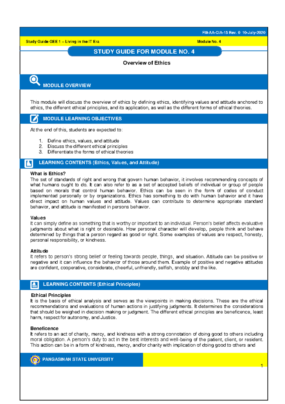 GEE 1 Study Guide: Overview of Ethics - Module 4 - Studocu