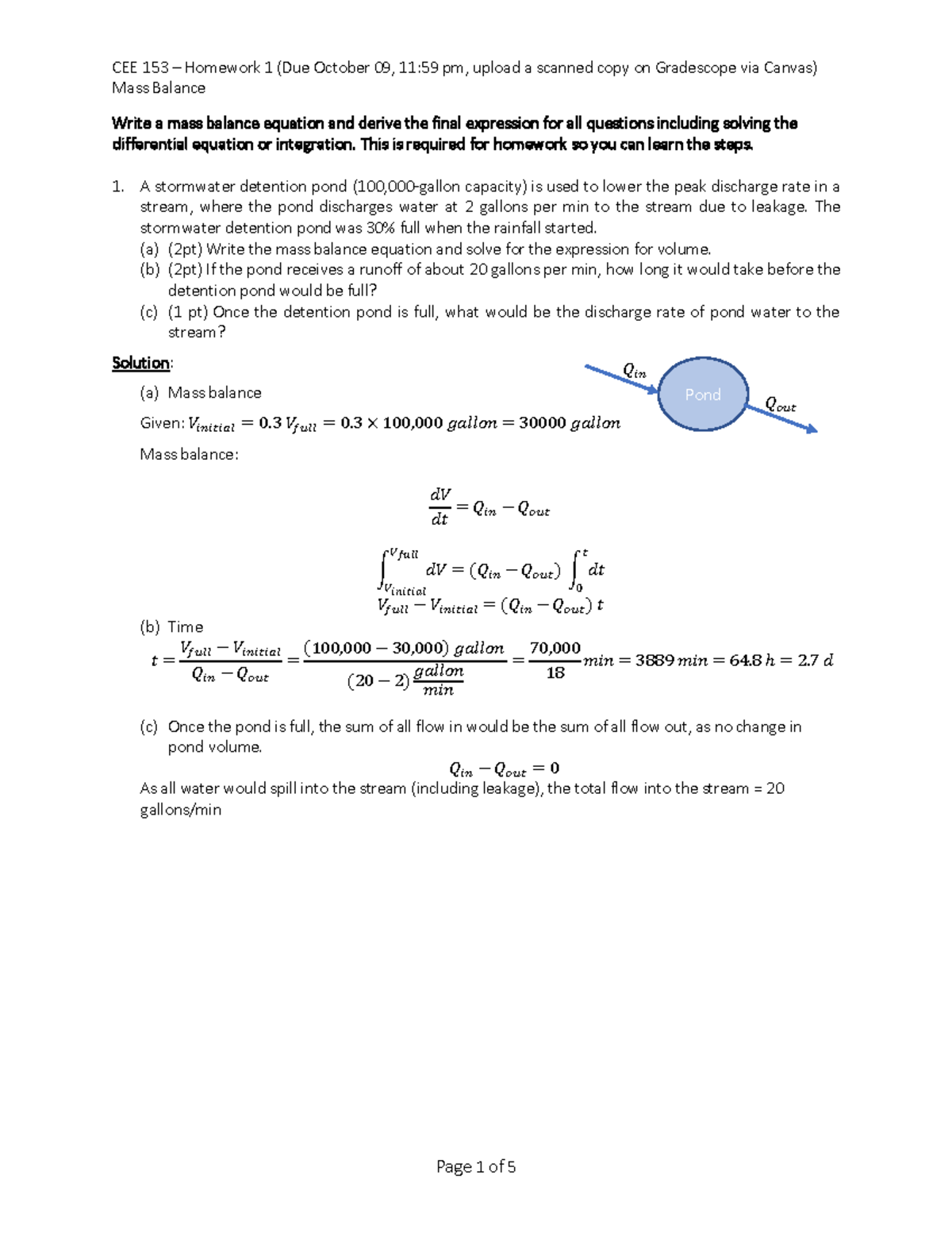 CEE153-HW01-Mass Balance Solution - Mass Balance Write a mass balance ...