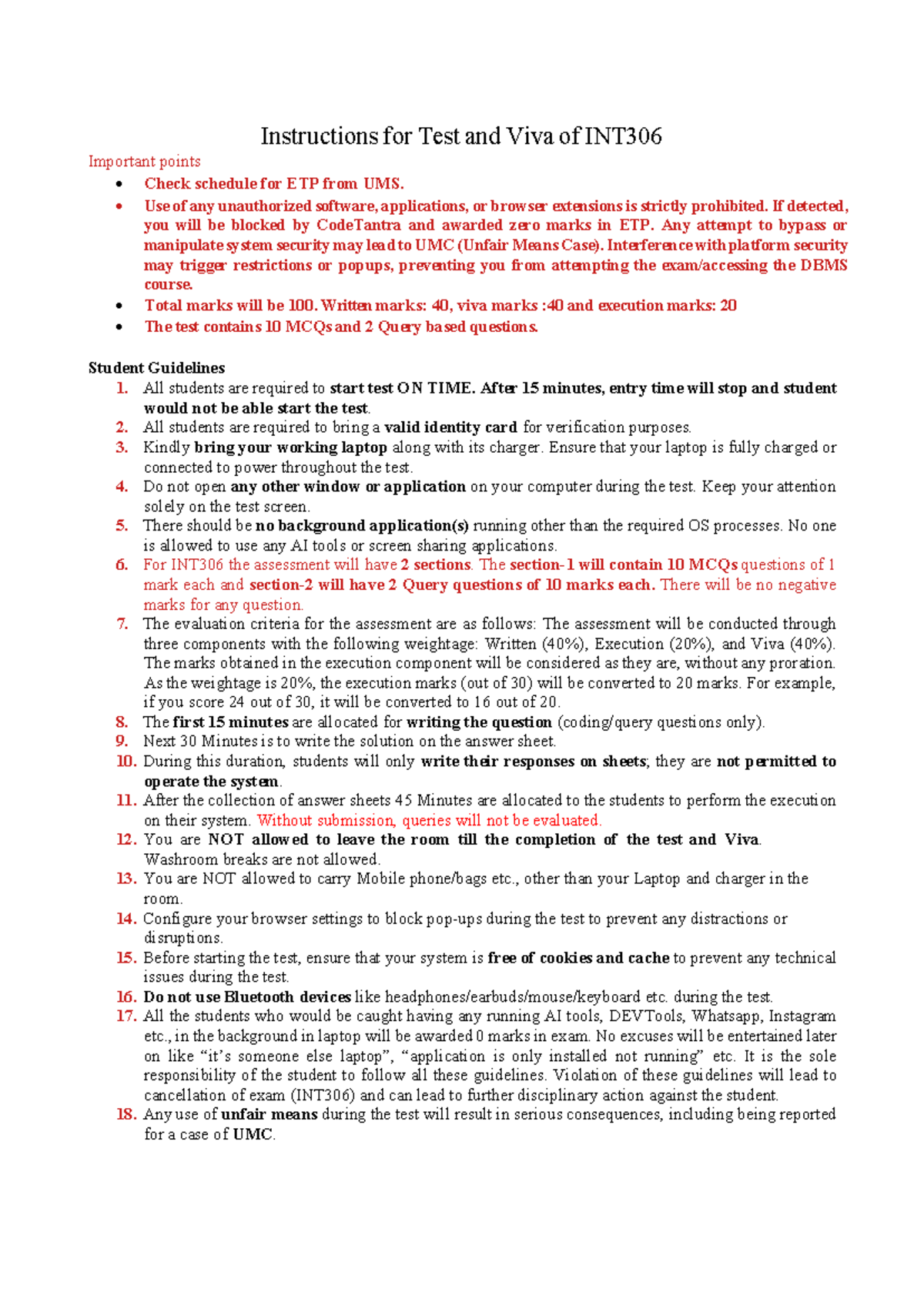 INT306 Test & Viva Guidelines: Important Points to Note - Studocu