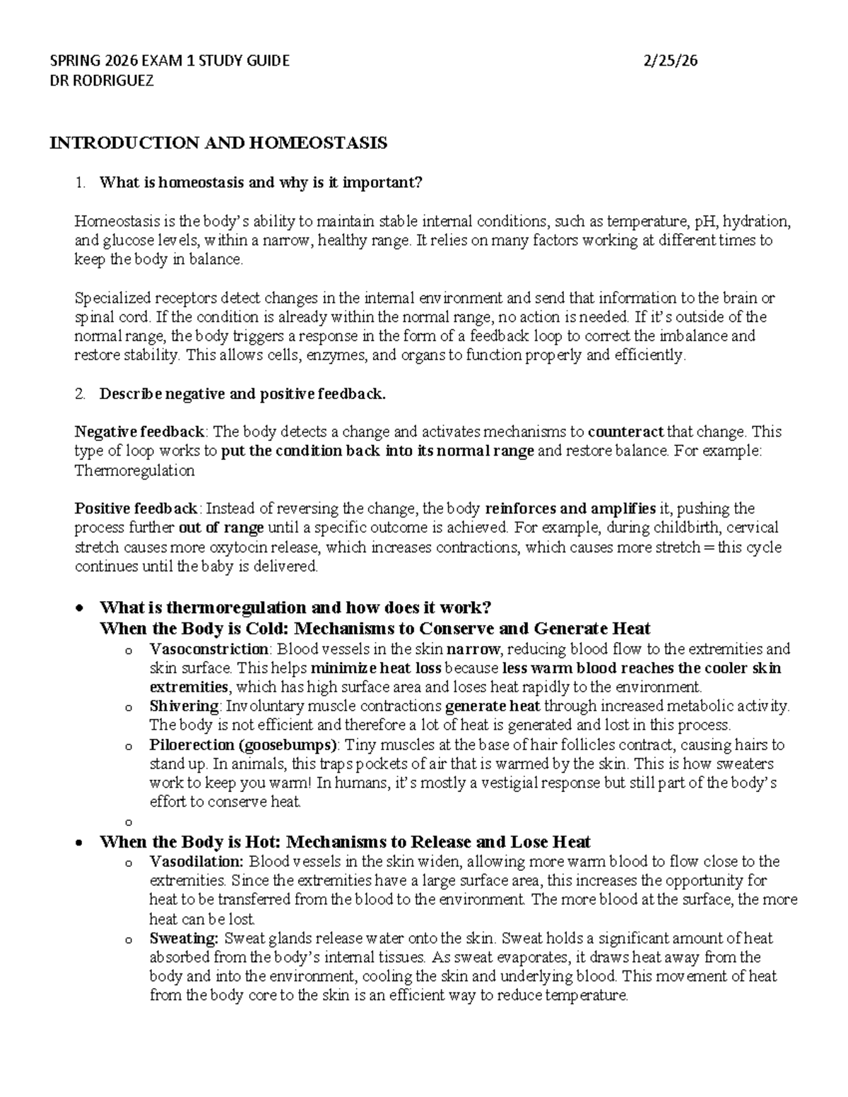 SPRING 2026 EXAM 1 STUDY GUIDE: HOMEOSTASIS & CELL FUNCTION - Studocu