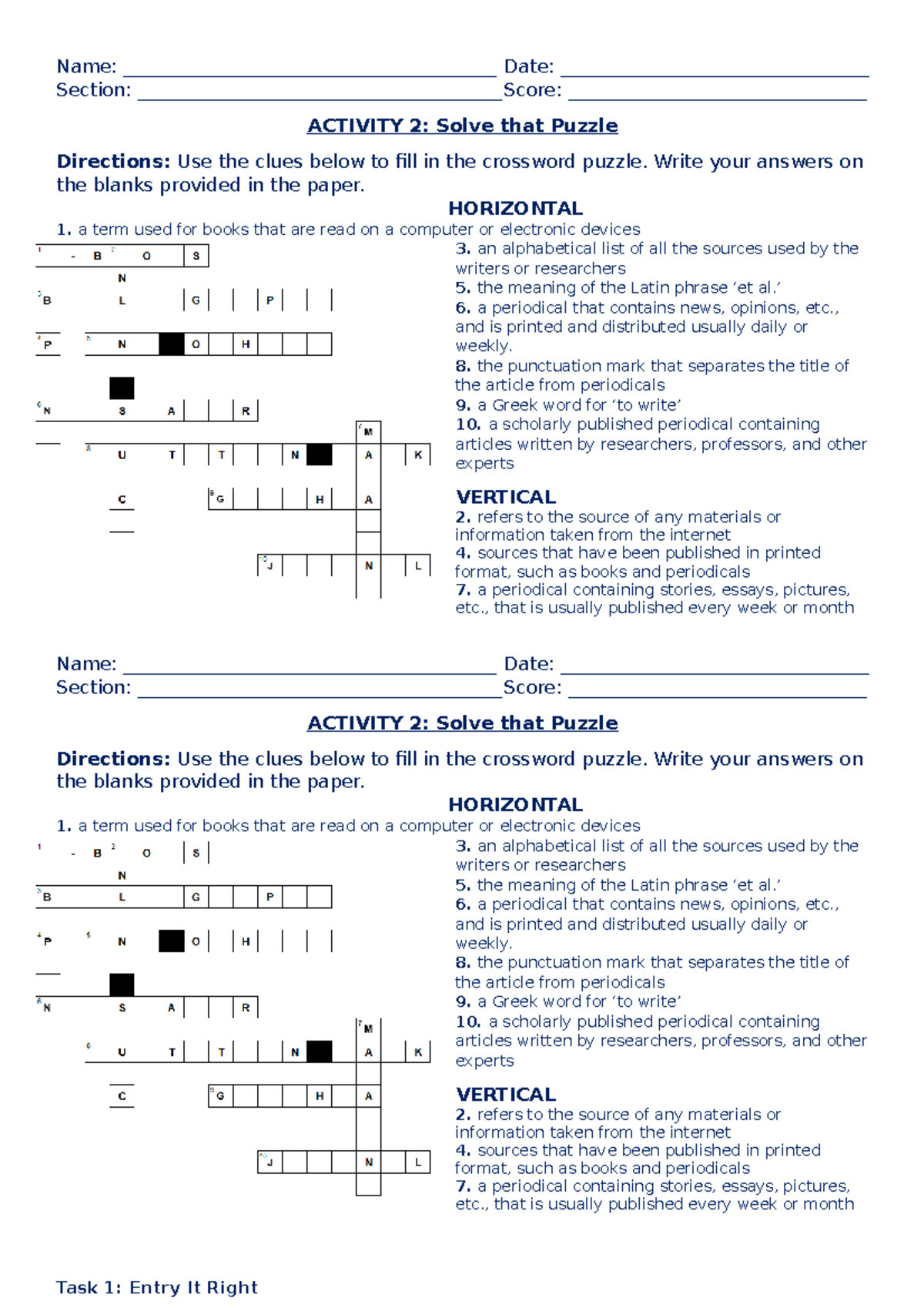 Worksheets - Name: ________________________________________ Date