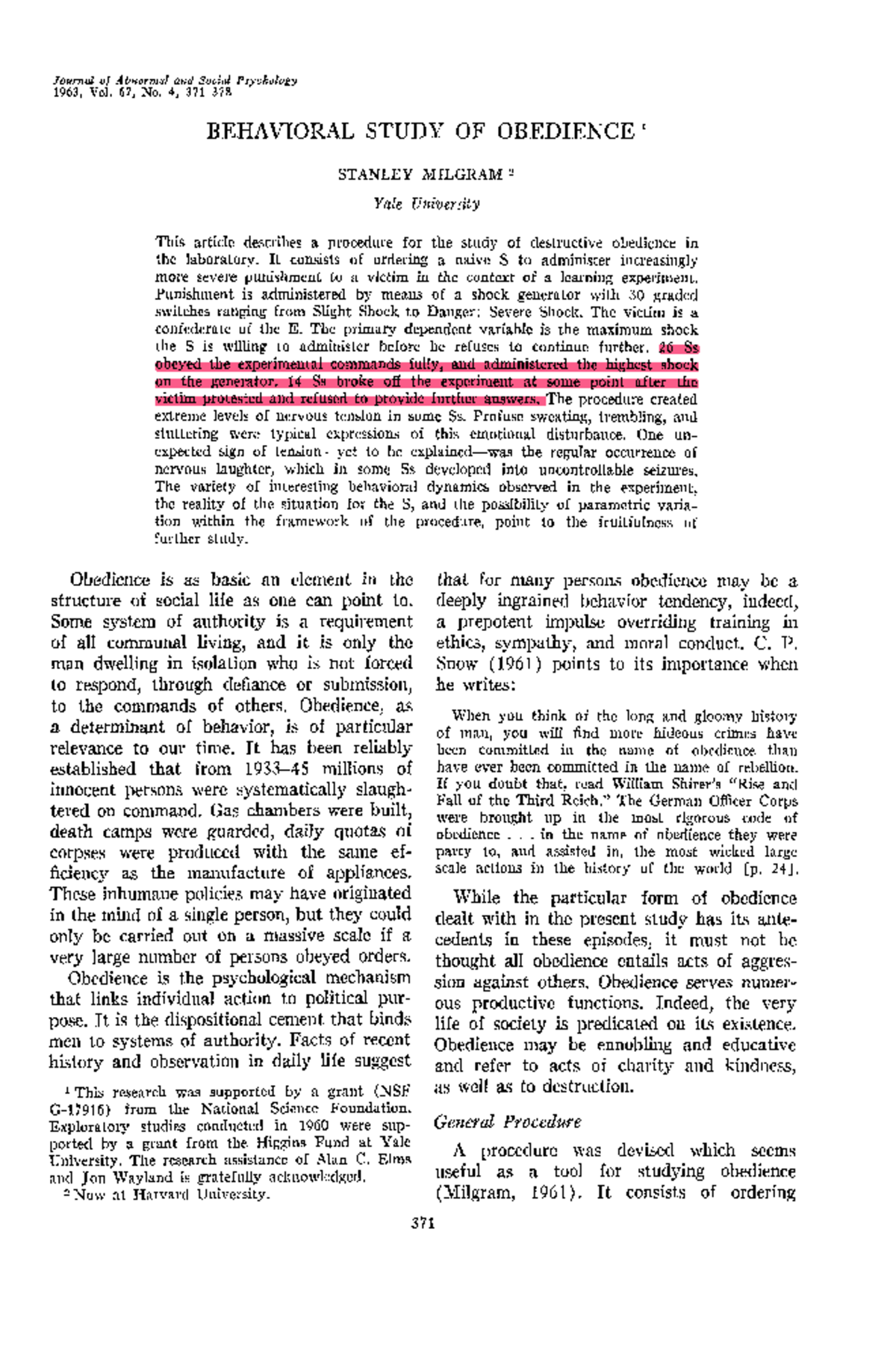 Behavioral Study of Obedience (PSY 101) - A Milgram Experiment Overview ...