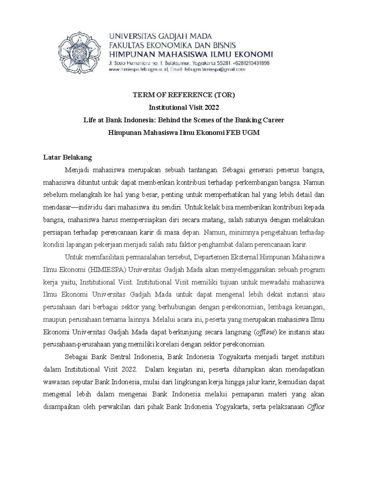 Term of Reference: Institutional Visit to Bank Indonesia 2022 - Studocu
