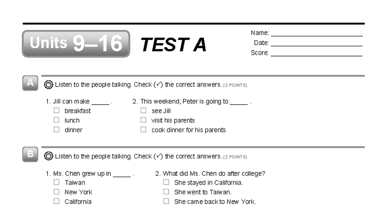 Interchange Test A 2 - Units 9-16 Assessment Material - Studocu