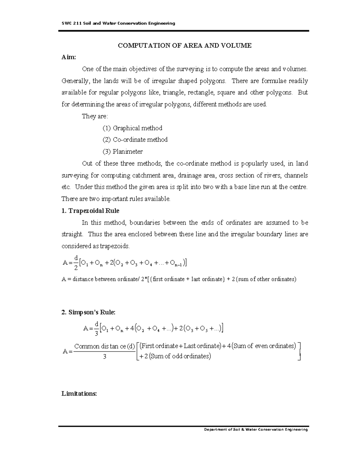 UNIT 3: Area and Volume Computation Techniques in Surveying - Studocu
