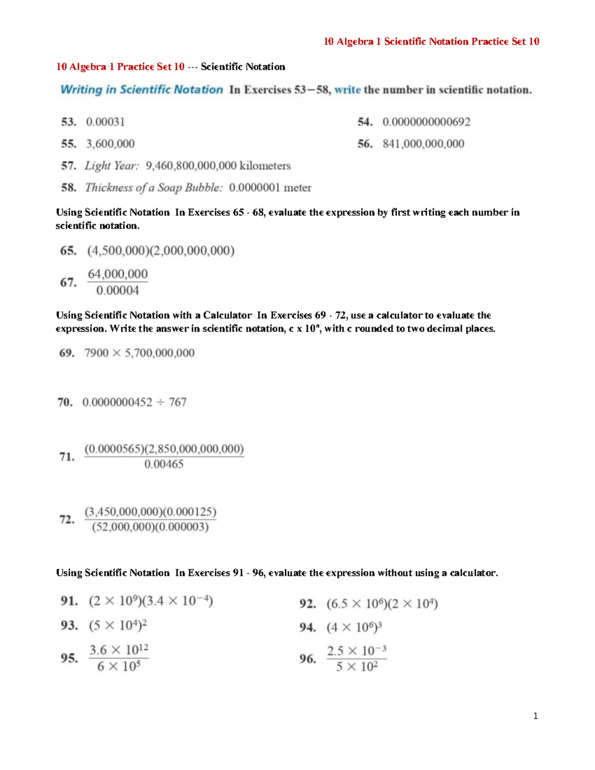 Algebra 1 Practice Set 10: Scientific Notation Exercises - Studocu