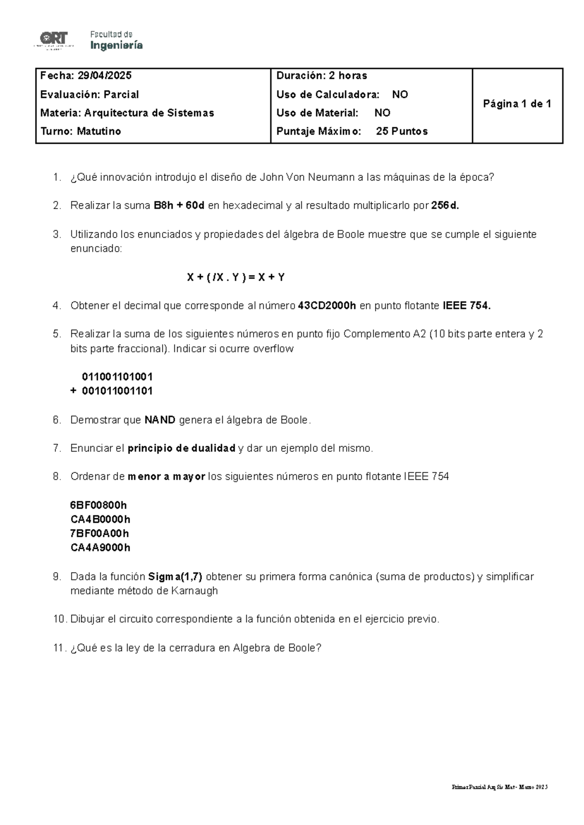 Primer Parcial ArqSis 2025: Ejercicios y Teoría de Álgebra de Boole ...