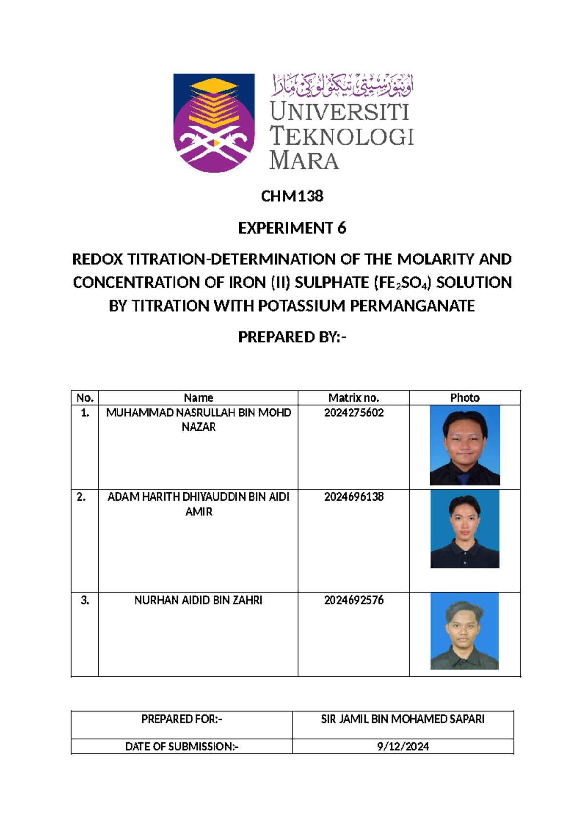 CHM138 Lab Report: Redox Titration of Iron (II) Sulphate with KMnO₄ ...