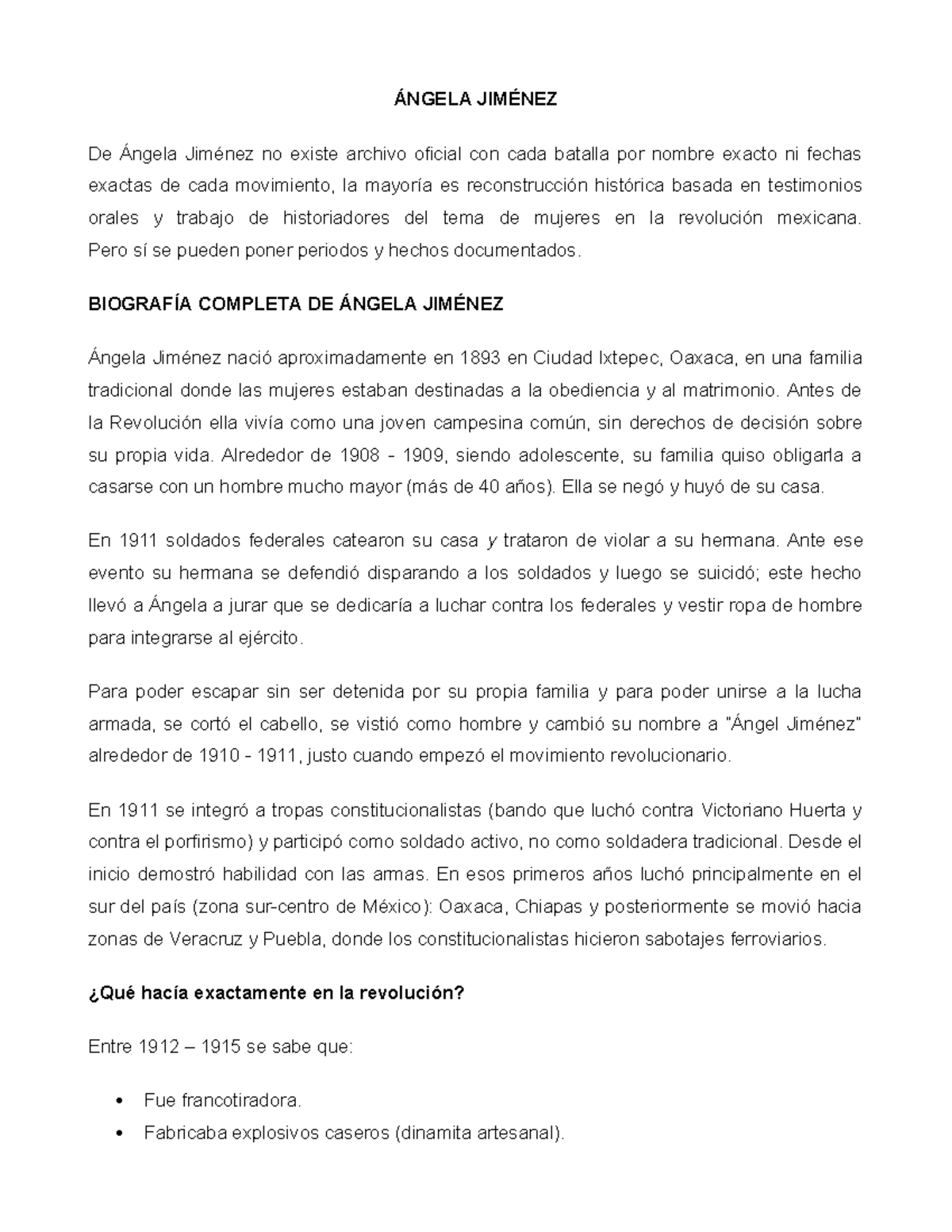 Biografía de Ángela Jiménez: Guerrera de la Revolución Mexicana - Studocu