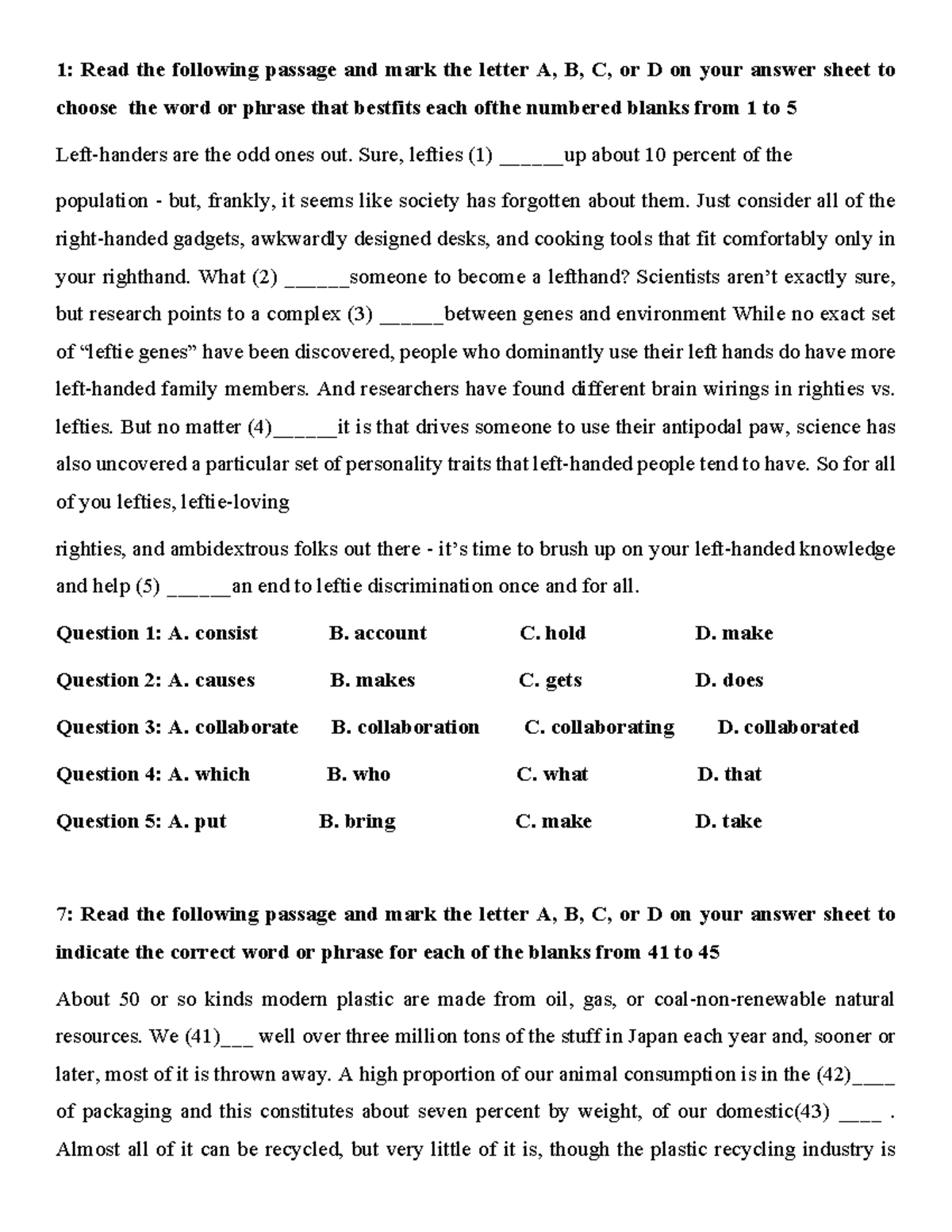 Reading Test: Vocabulary and Comprehension Questions - Studocu