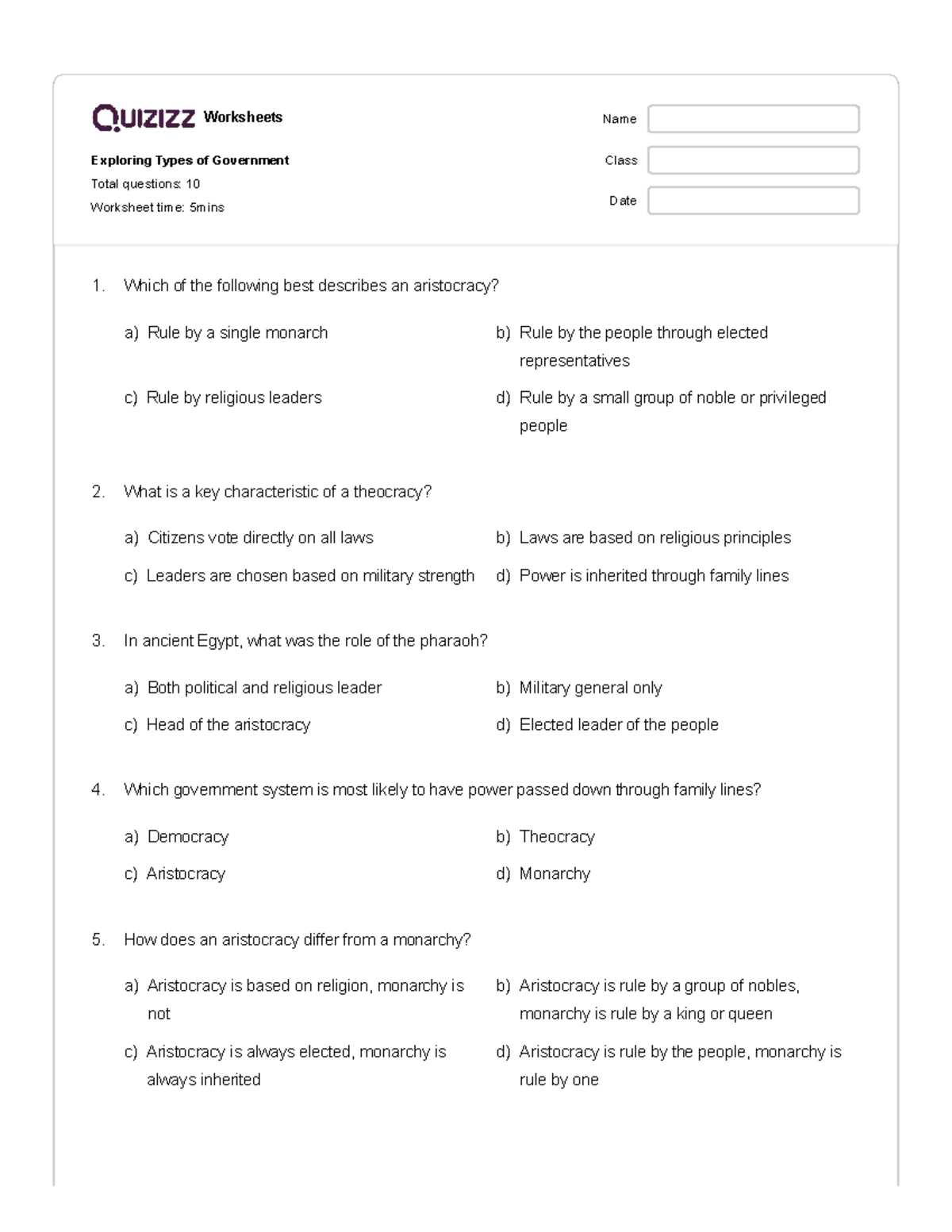 Exploring Types of Government Quiz (Total Qs: 10) - Studocu