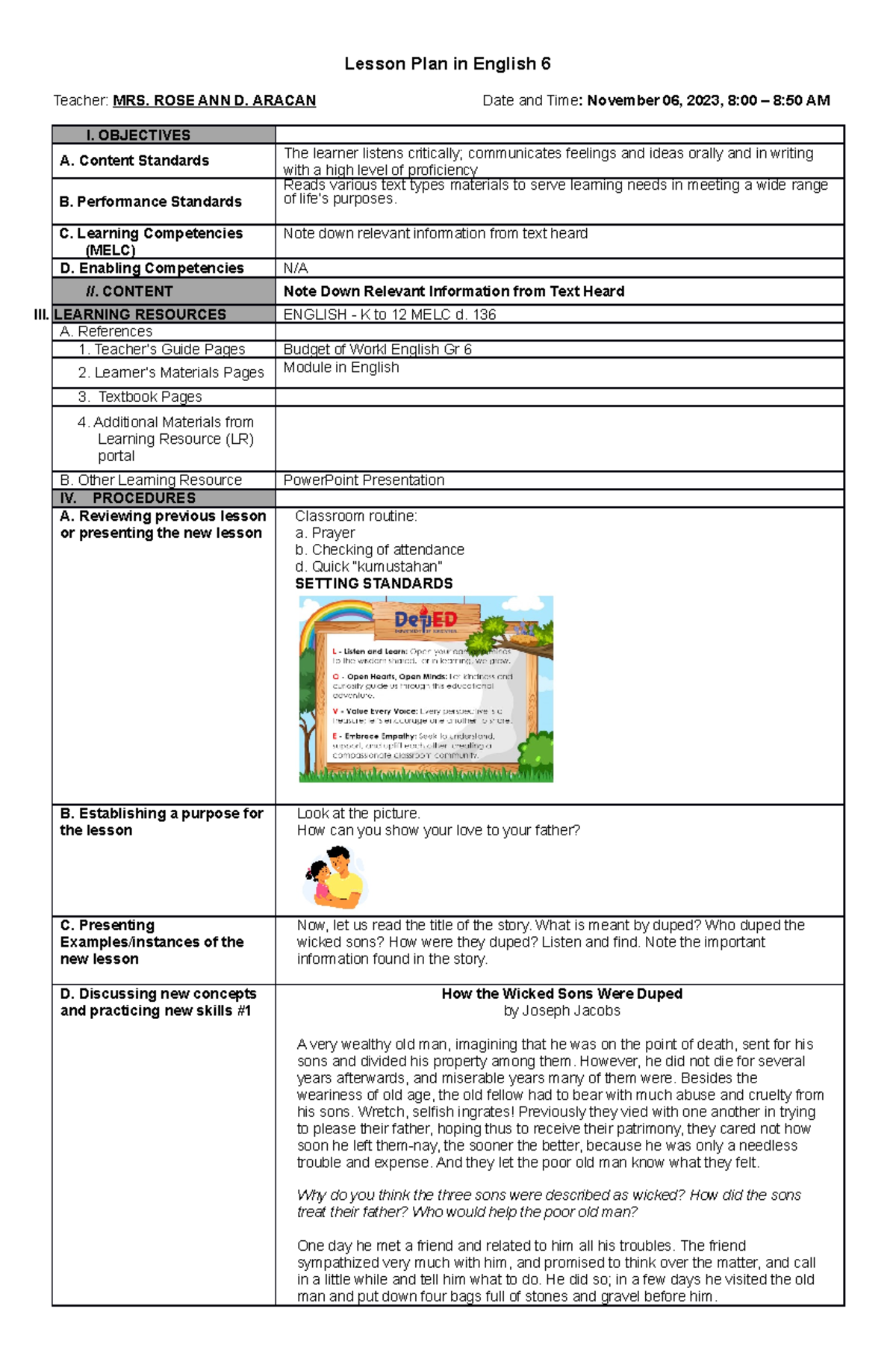 WEEK 1 English 6 Lesson Plan: Noting Details & Key Concepts - Studocu