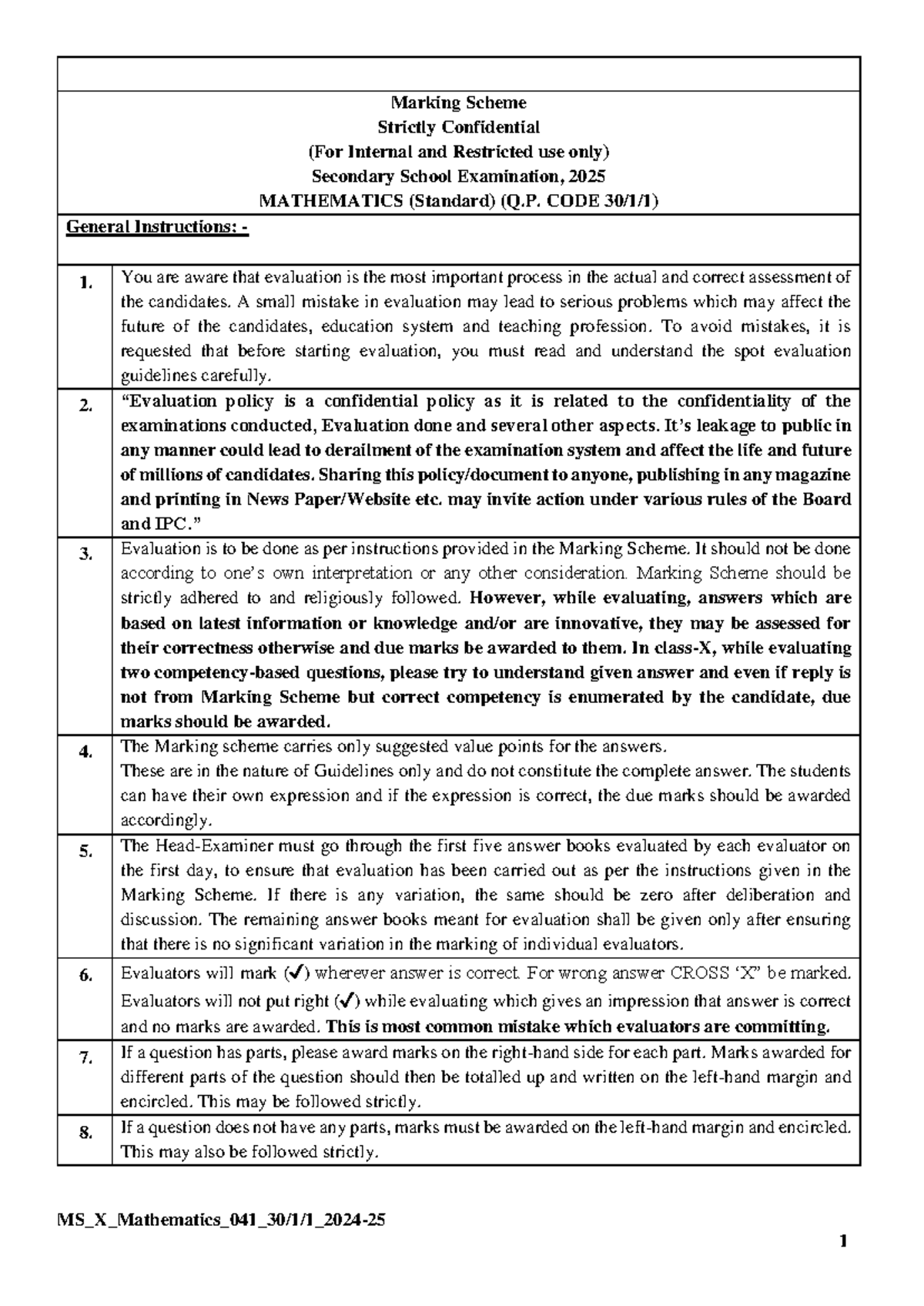 Marking Scheme for Secondary School Mathematics Exam 2025 (Q.P. CODE ...
