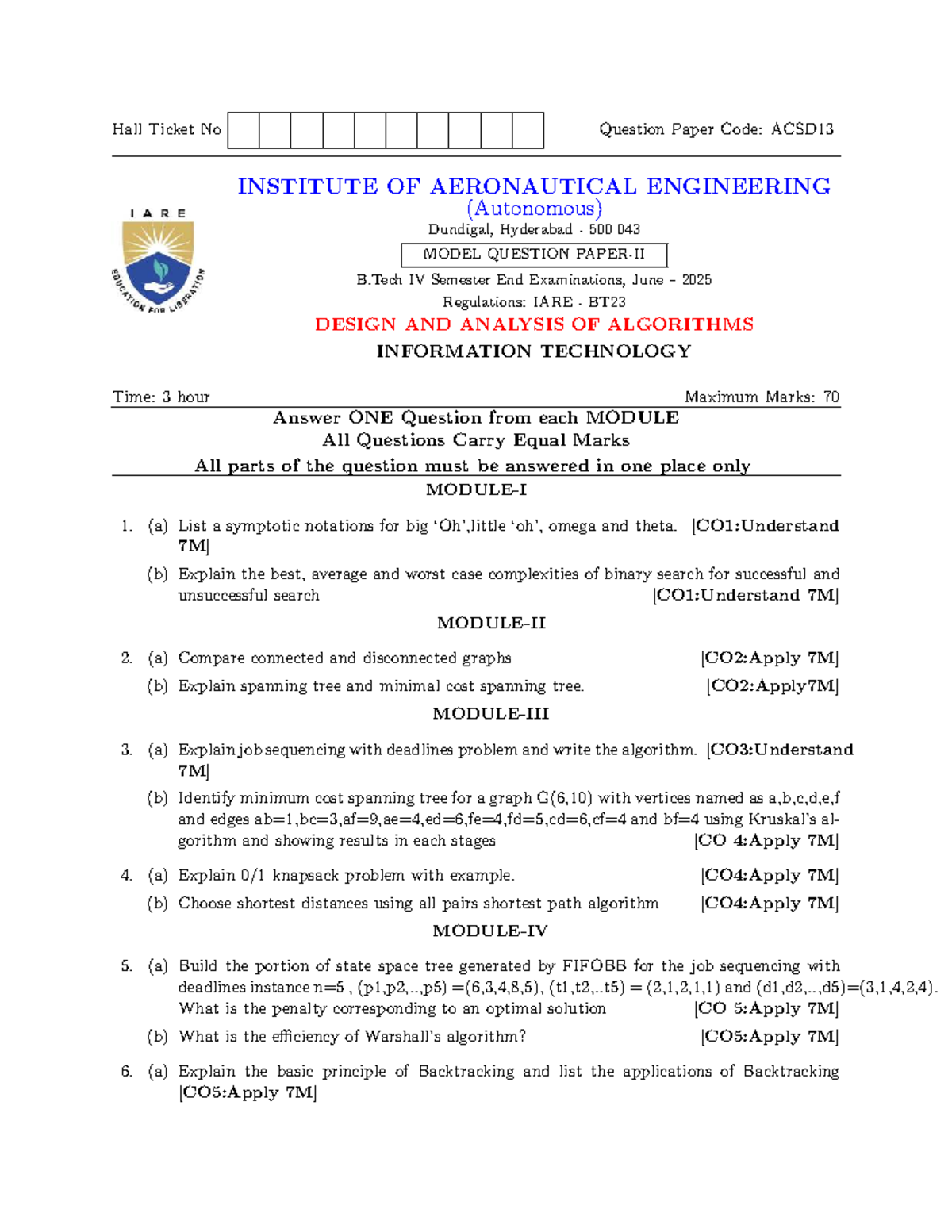 ACSD13 DAA Model Question Paper - B.Tech IV Sem, June 2025 - Studocu