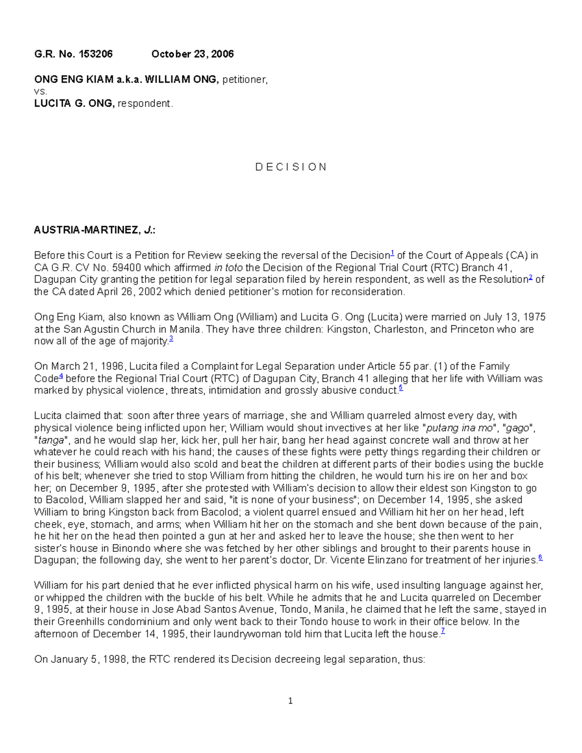 Ong v Ong - Case Digest on Legal Separation (G.R. No. 153206) - Studocu