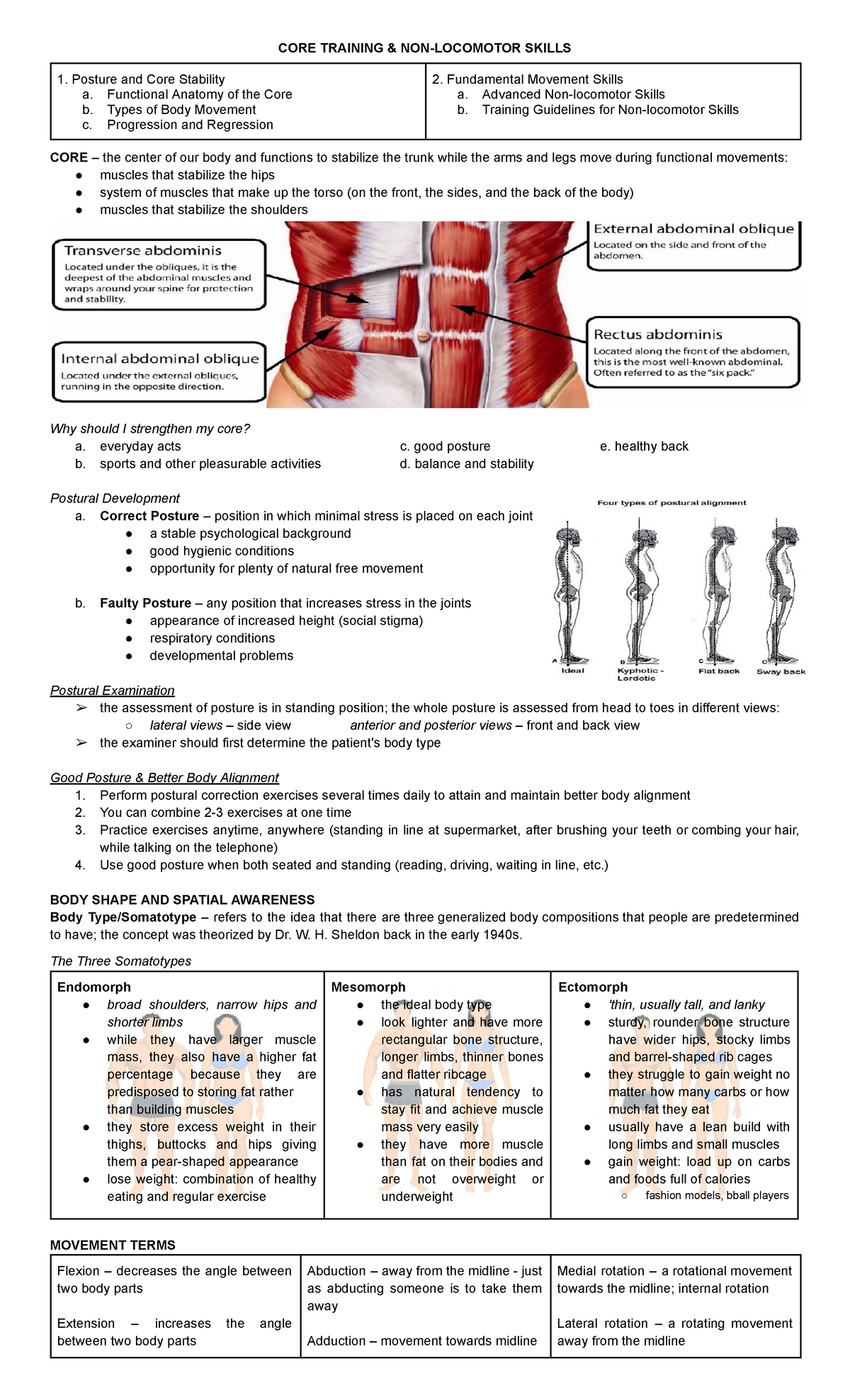 Pathfit - reviewer - CORE TRAINING & NON-LOCOMOTOR SKILLS 1. Posture and Core Stability a. - Studocu