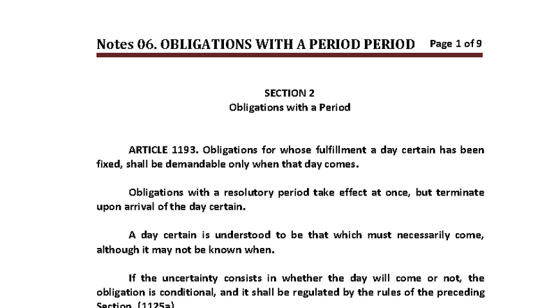 OBLICON: Notes on Obligations with a Period (Article 1193) - Studocu