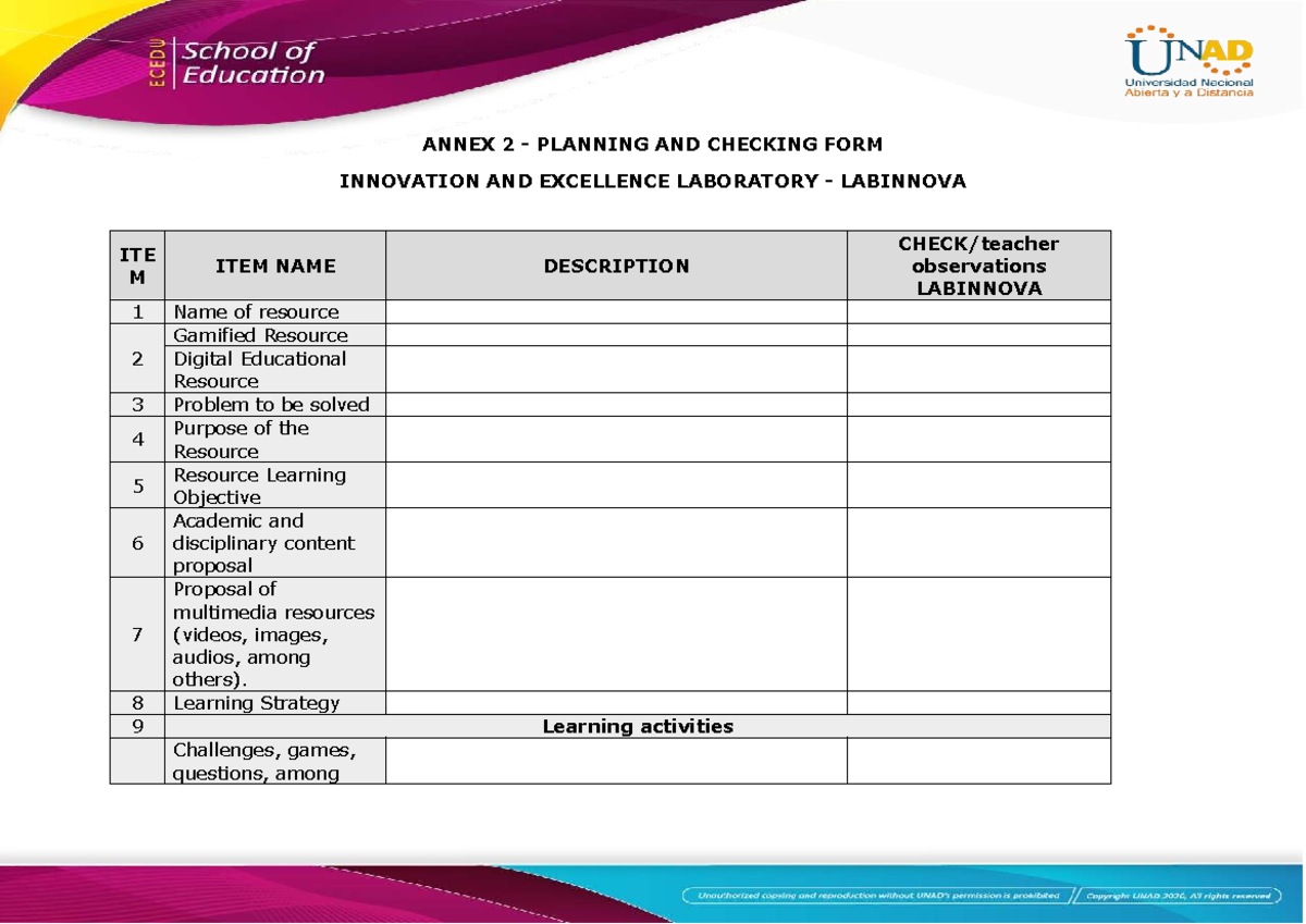 Annex 2 - Labinnova Resource Planning & Checking Form - ITE M - Studocu