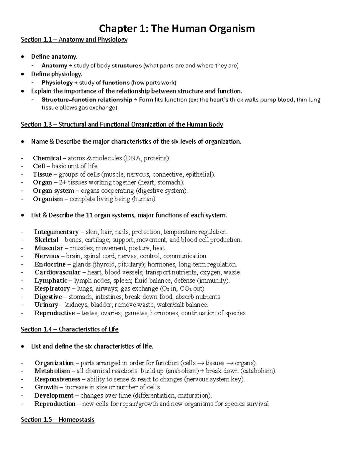 Human Anatomy and Physiology Notes (BIO 101) – Chapter 1 Overview - Studocu