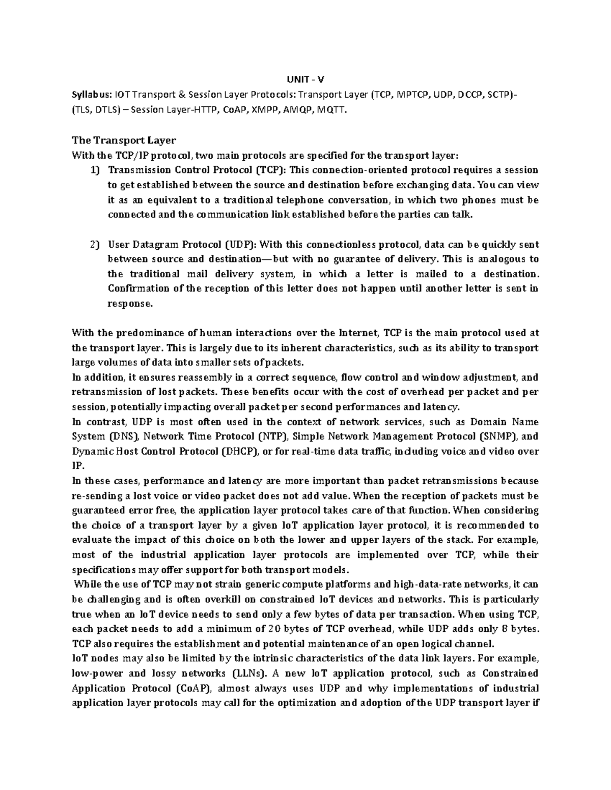 Unit-4: IoT Transport & Session Layer Protocols (TCP, UDP, MPTCP) - Studocu
