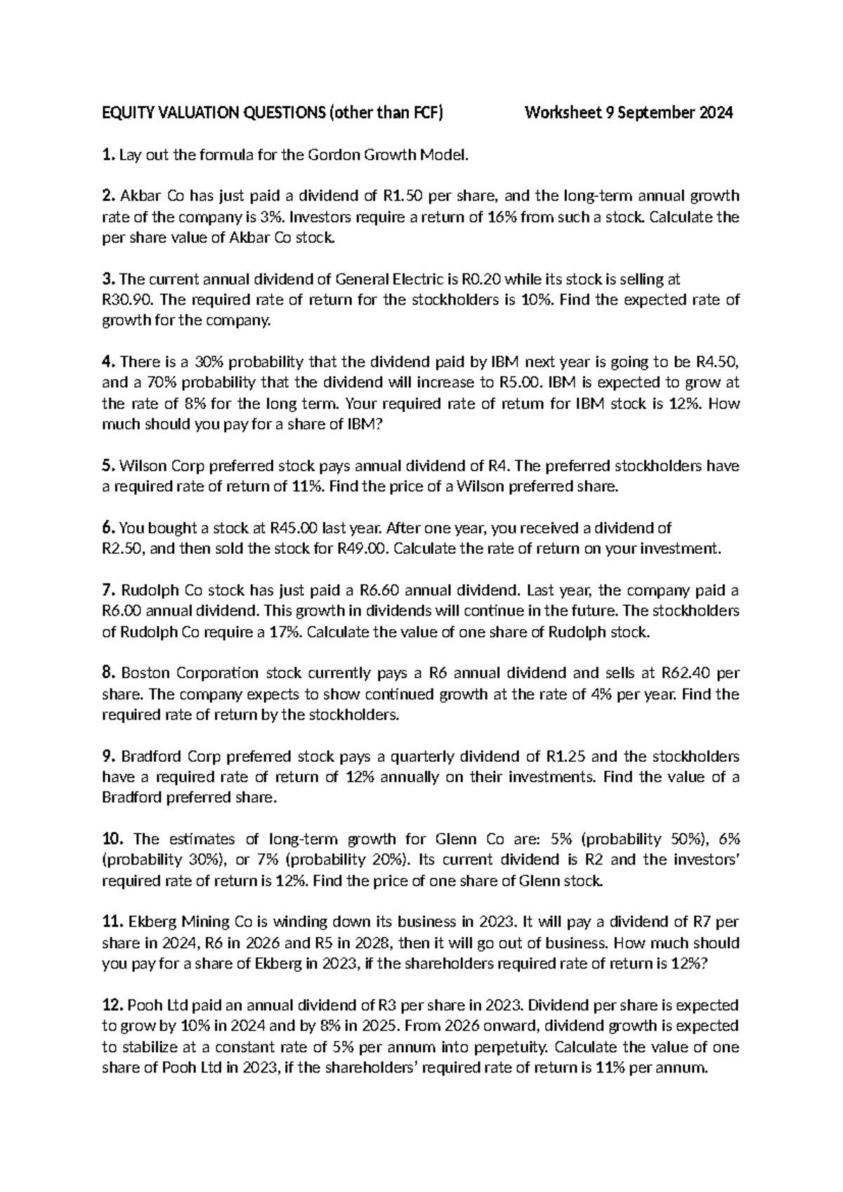 Equity valuation questions - EQUITY VALUATION QUESTIONS (other than FCF ...