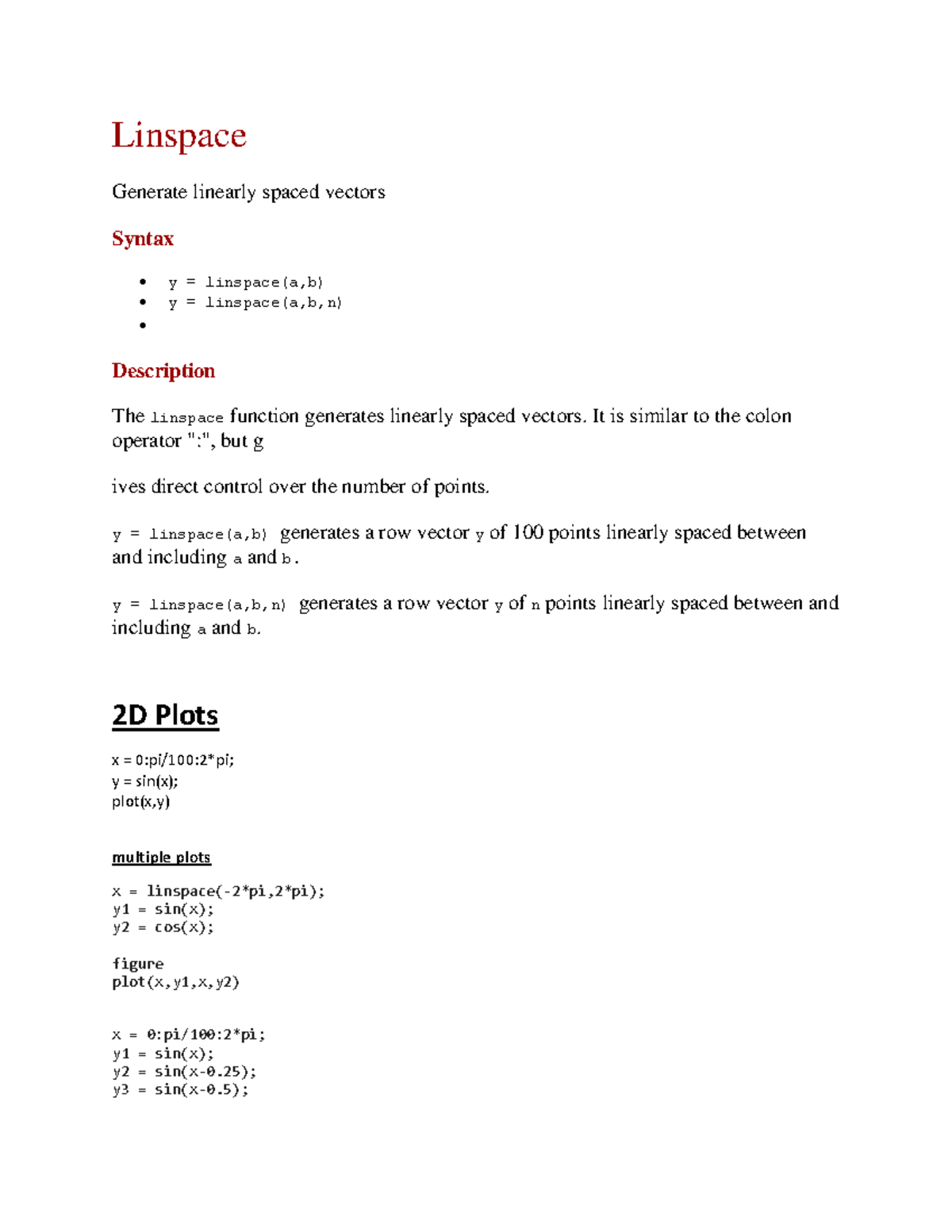 MATLAB 2D Plots & Linspace Function Overview - Studocu