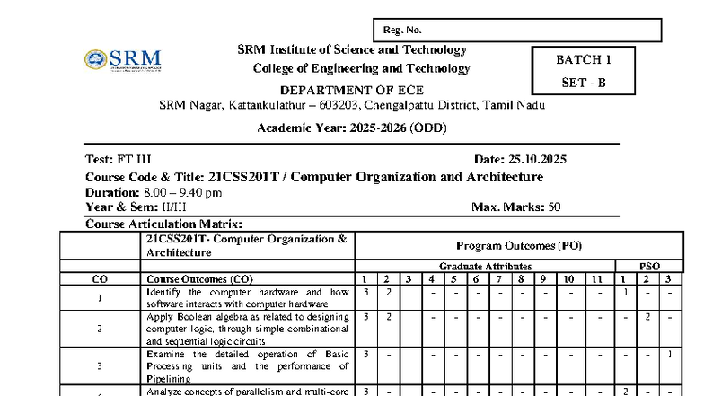 FT III QP COA-SET-B - Answer Key for 21CSS201T Exam - Studocu