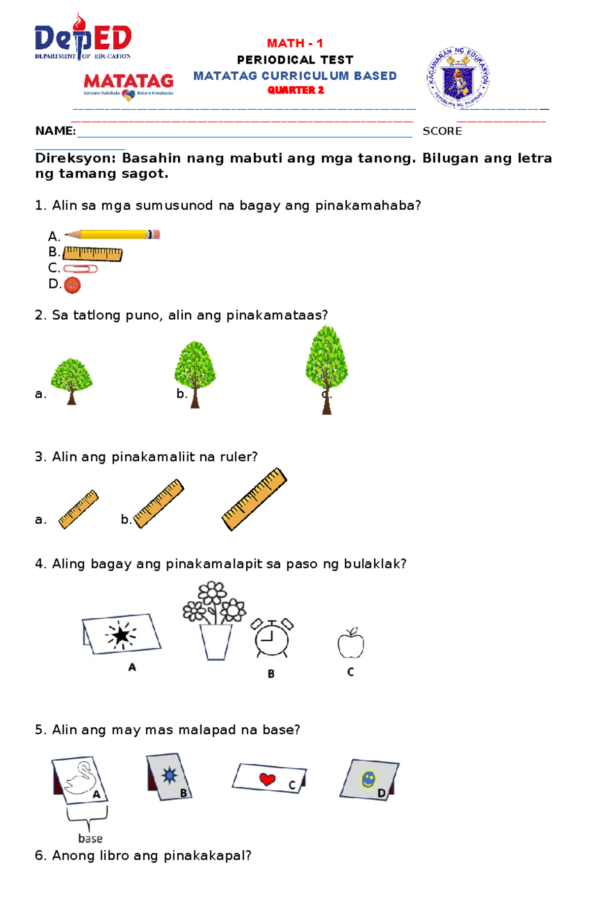 PT Grade 1 Matatag MATH 1 - Periodical Test Q2 (Tagalog Version) - Studocu