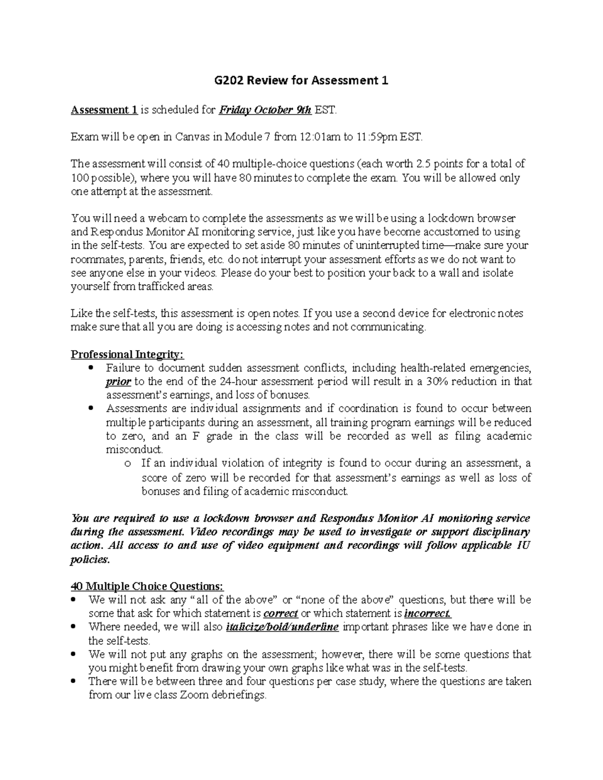 G202 Review for Assessment 1 - Exam will be open in Canvas in Module 7 ...