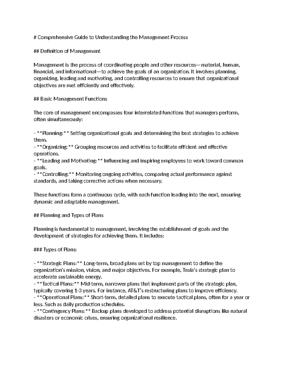 Chapter 6 Notes: Comprehensive Overview of the Management Process - Studocu