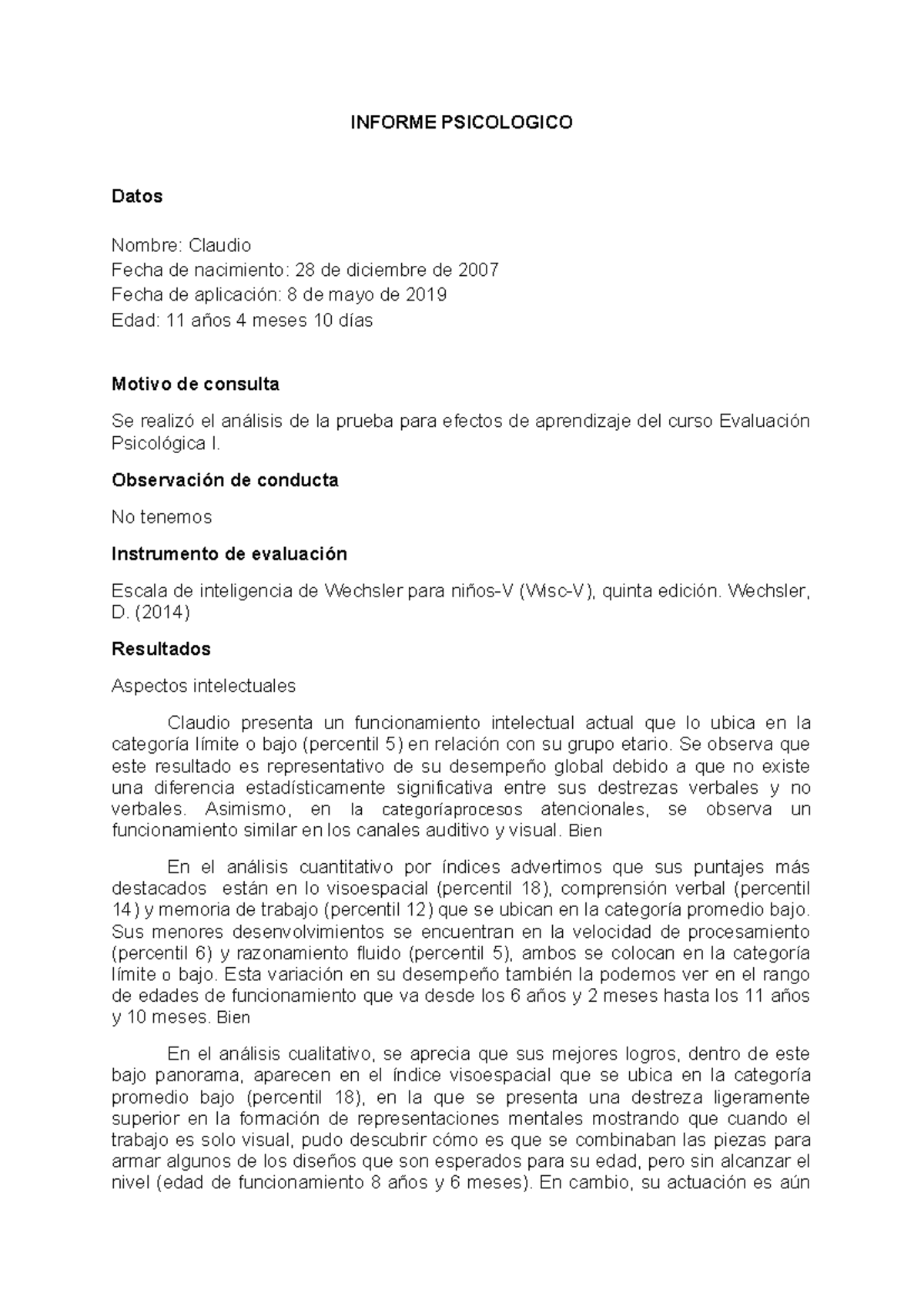 Informe Psicológico WISC - Caso Claudio (Evaluación Psicológica I) - Studocu