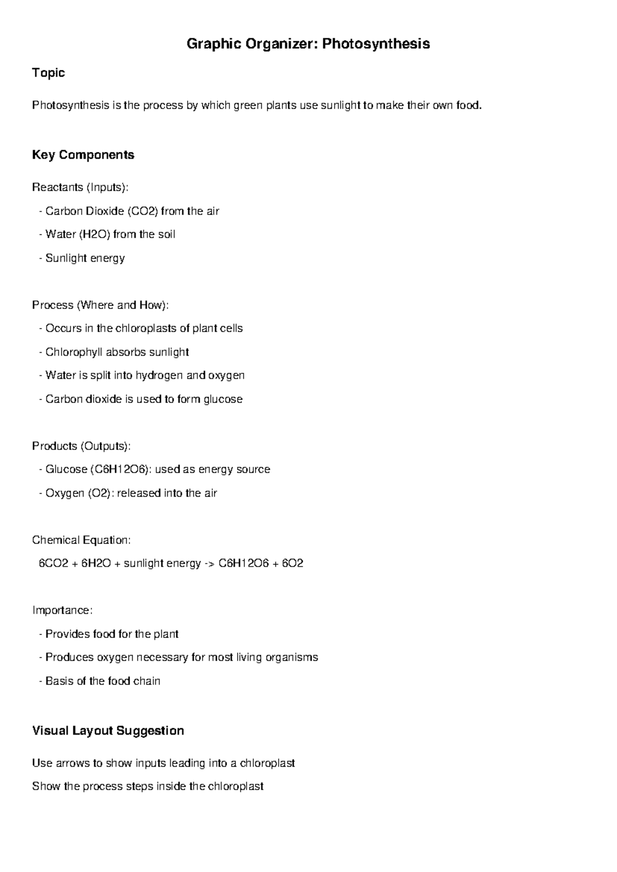 Photosynthesis Graphic Organizer: Key Components & Process - Studocu