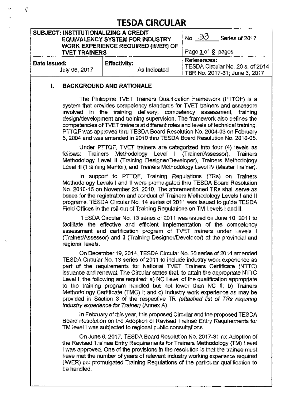 TESDA Circular No. 33 Series of 2017: Credit Equivalency for TVET ...