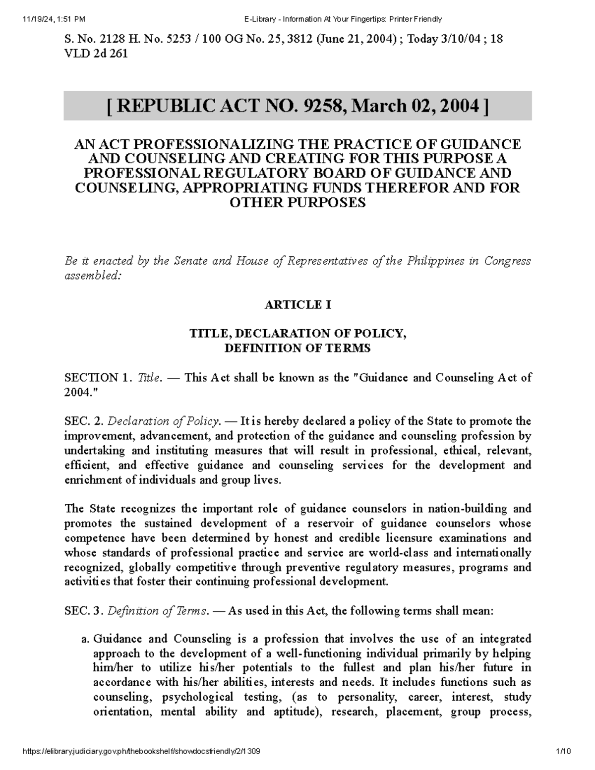 RA 9258 Guidance AND Counseling - S. No. 2128 H. No. 5253 / 100 OG No ...