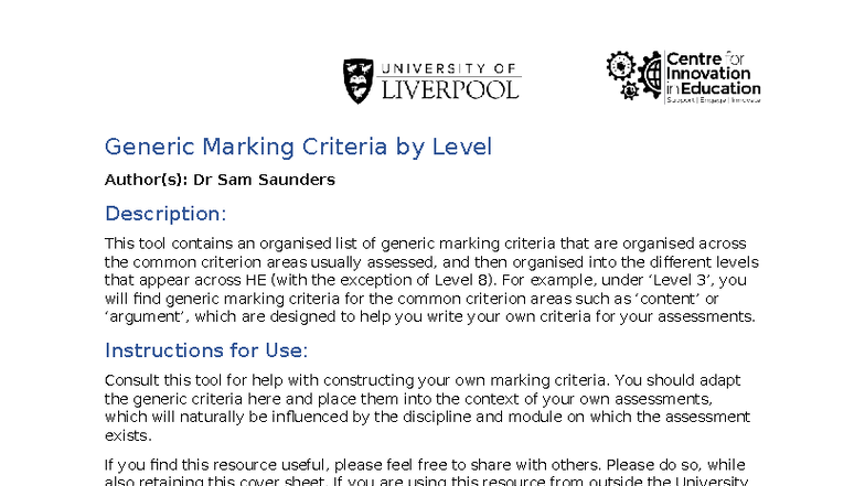 Generic Marking Criteria by Level (UG) - Assessment Guide - Studocu