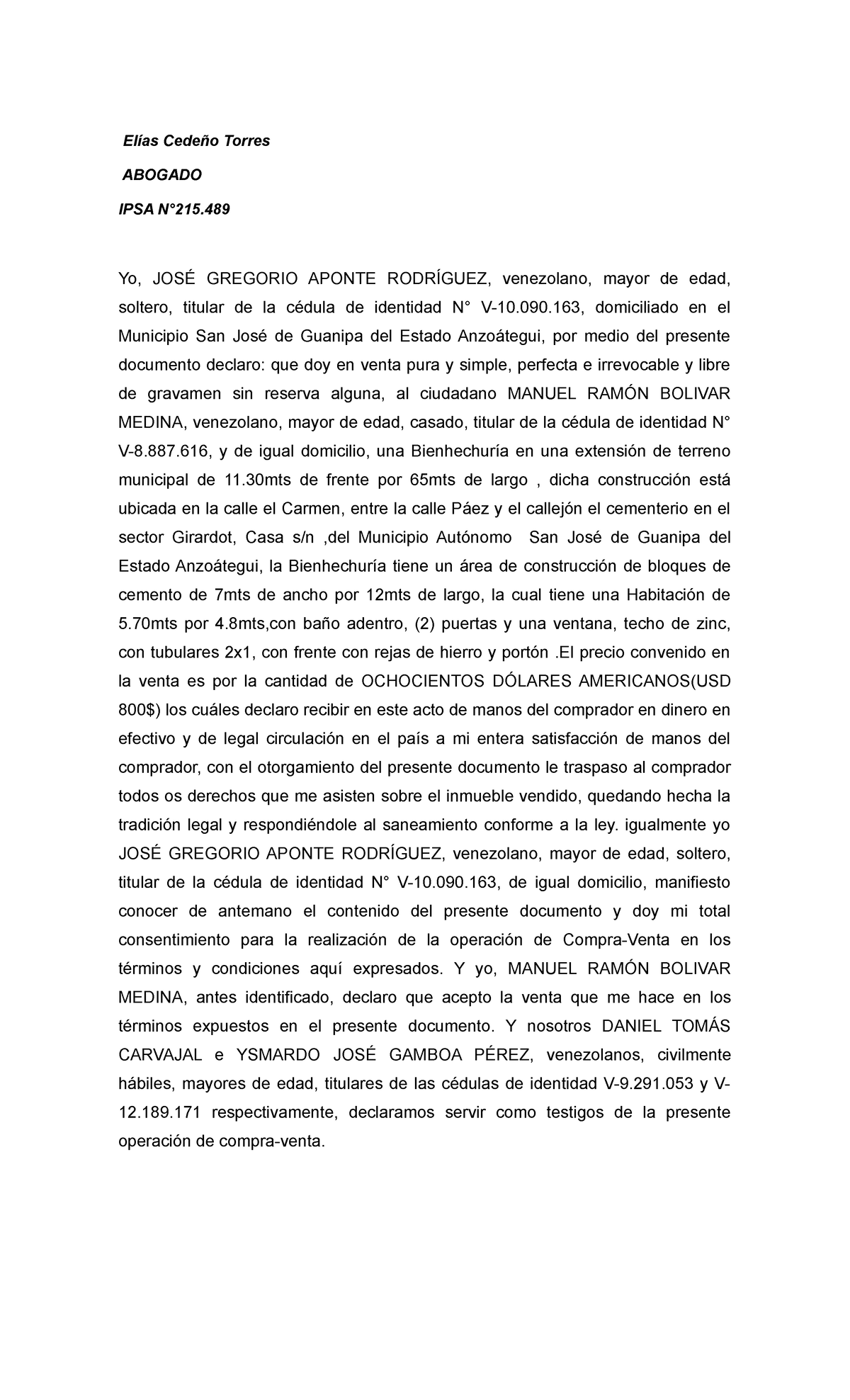 Documento de Compra Venta - José Gregorio Aponte Rodríguez - Studocu