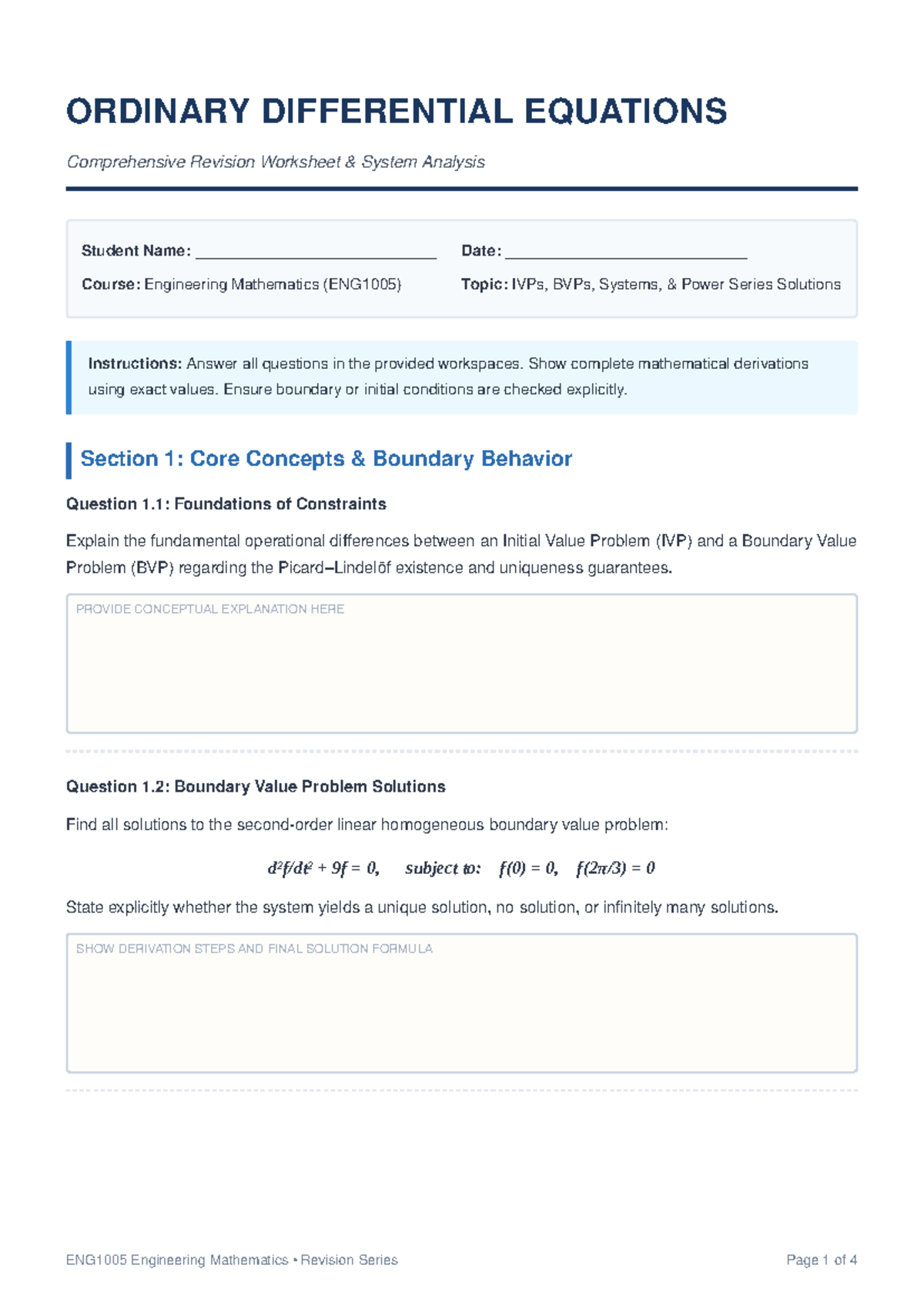 ENG1005 ODE Comprehensive Revision Worksheet & Solutions - Studocu
