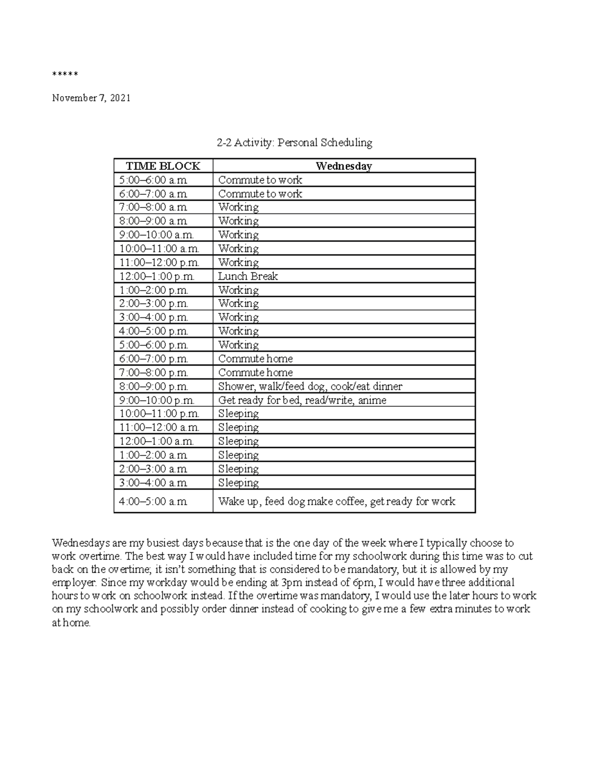 2.2 Assignment - Personal Scheduling - November 7, 2021 2-2 Activity ...