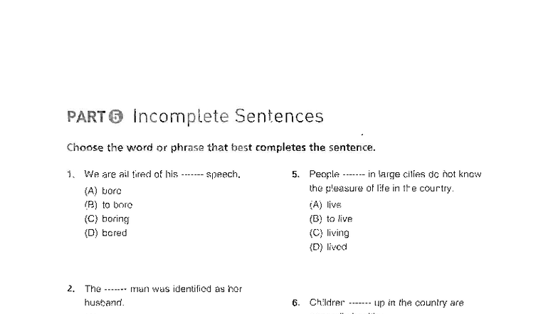 PART 5 Incomplete Sentences Practice for ESL Students - Studocu