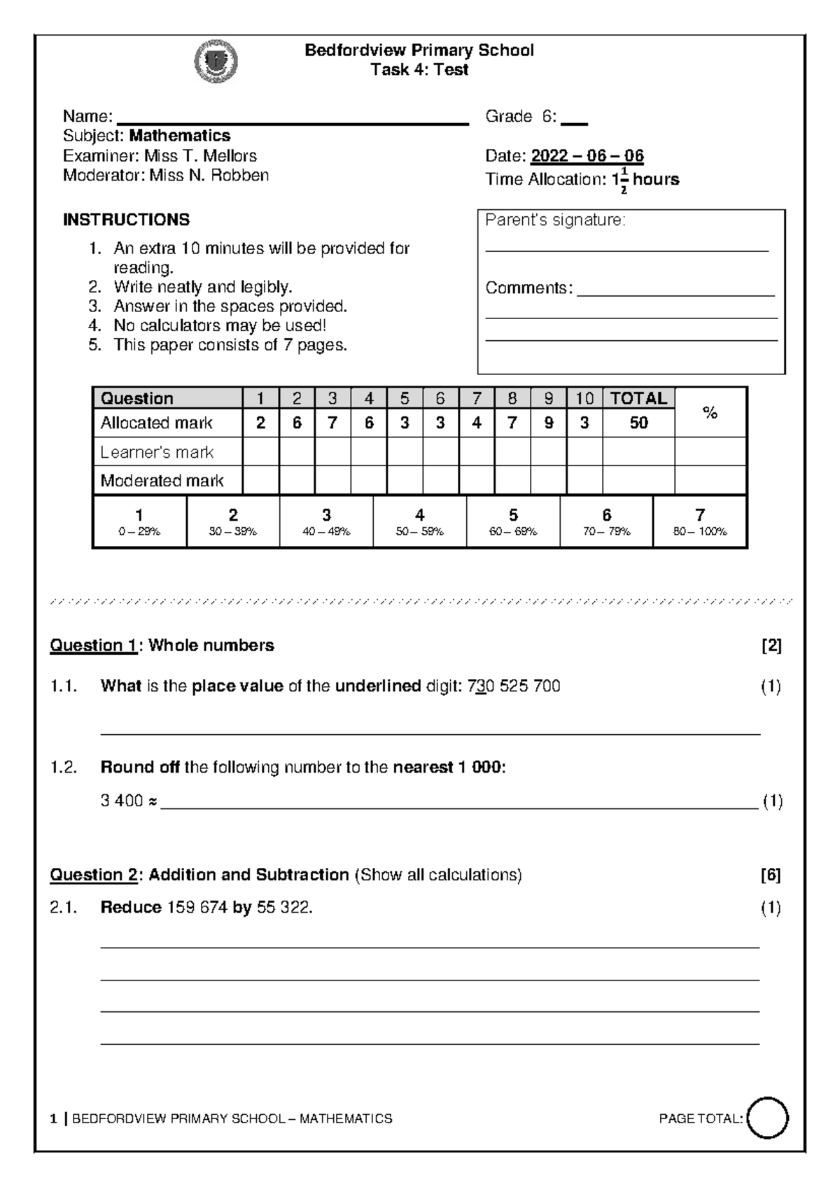 Bedfordview Primary School Grade 6 Mathematics Task 4: June Test - Studocu
