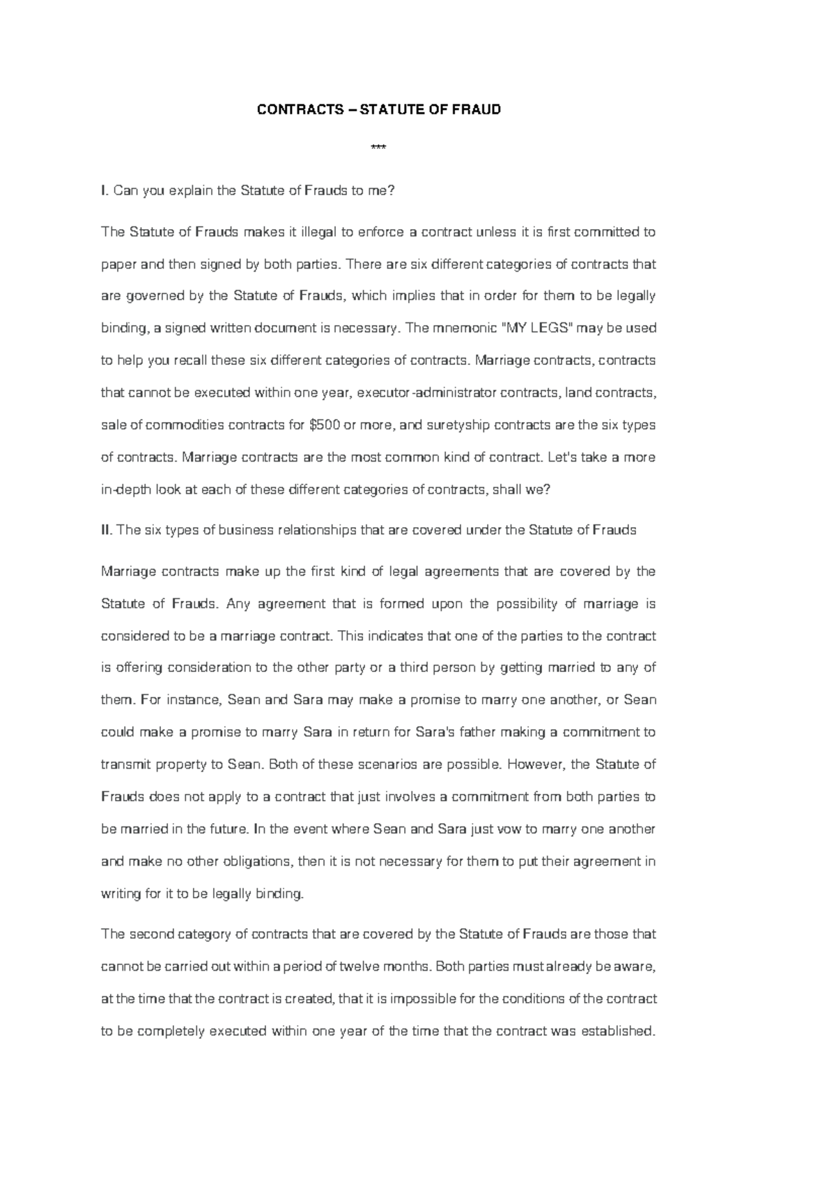 Contracts Outline: Understanding the Statute of Frauds - Studocu