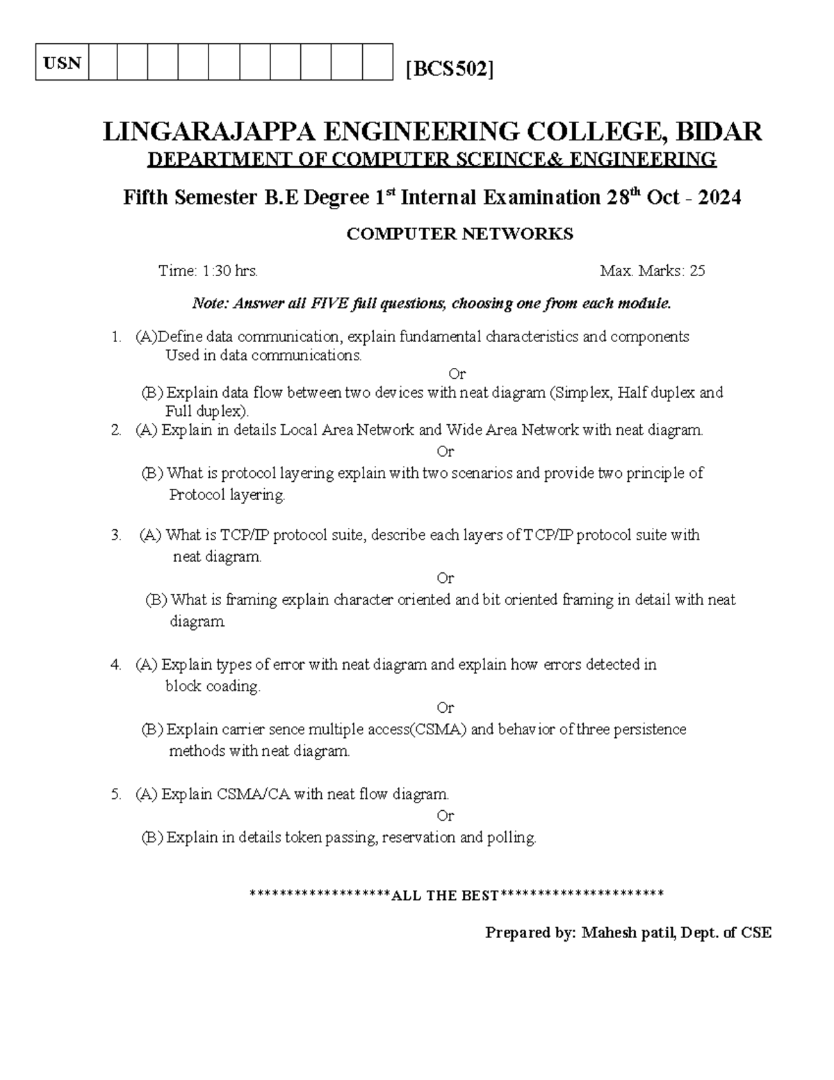 CN 5th Sem 1st IA QP - Computer Networks Exam Questions - Studocu