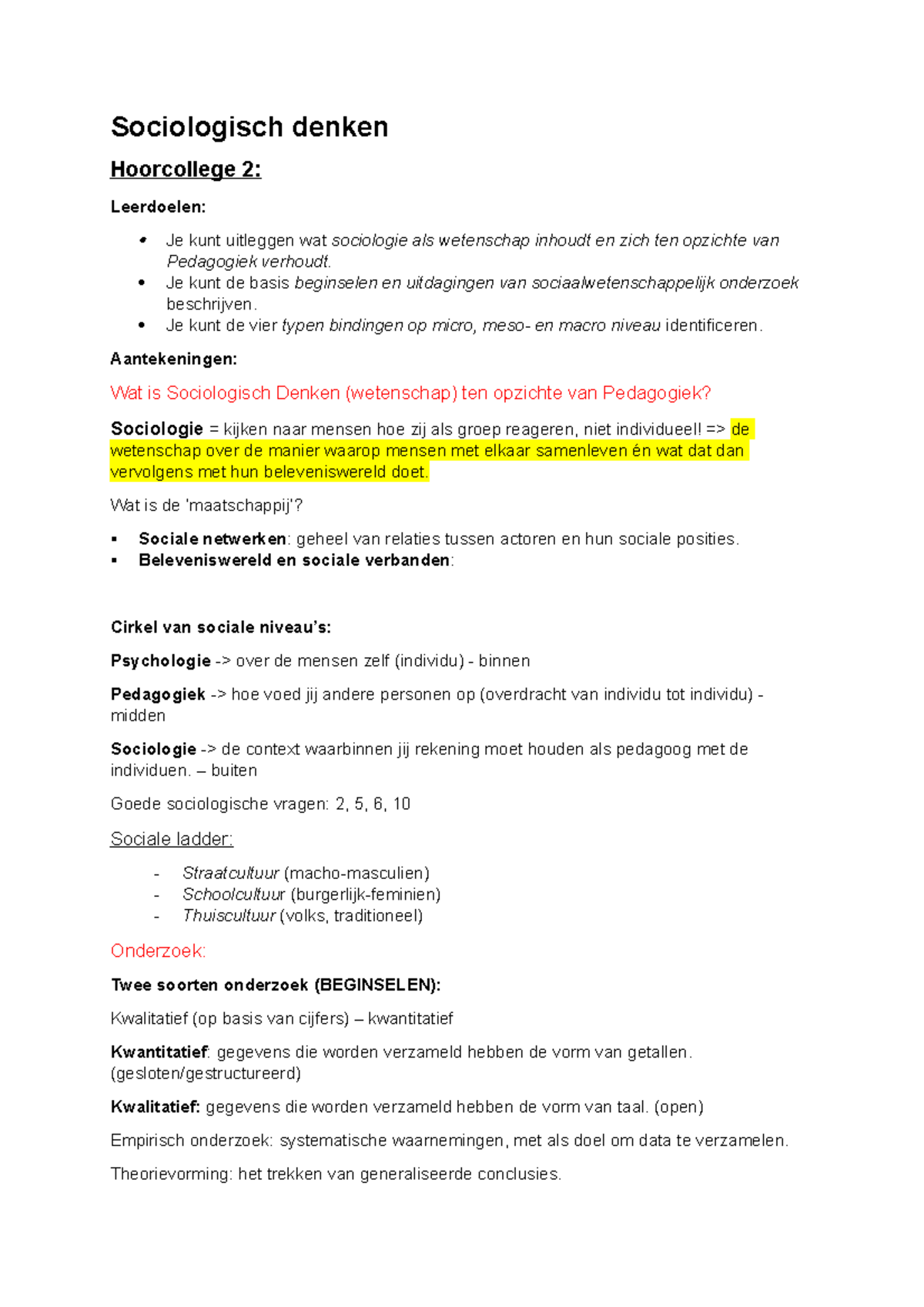 SWK4 Hoorcollege Samenvattingen Sociologisch Denken & Bindingen ...