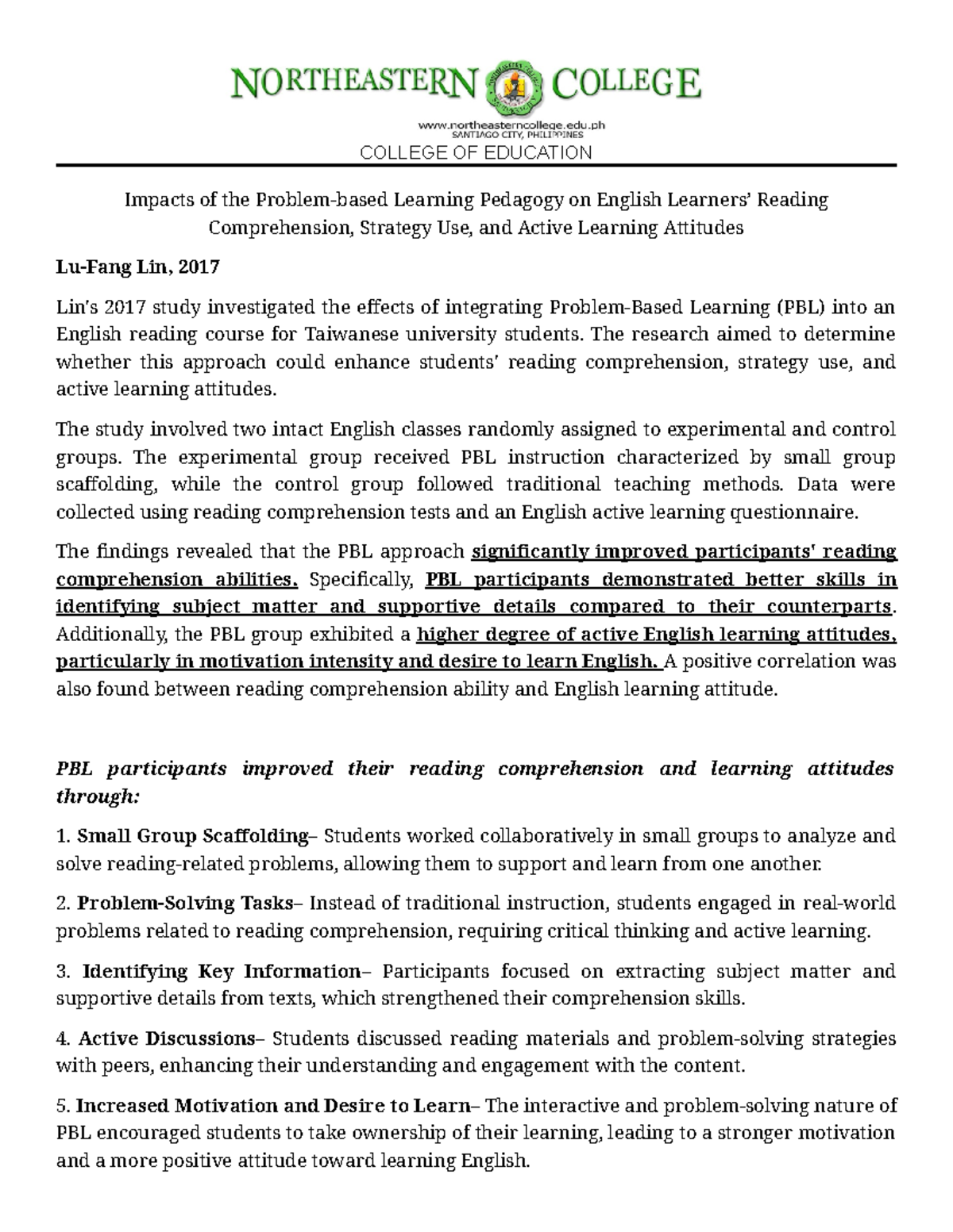 Impacts of PBL on English Learners' Comprehension - LIN 2017 Study ...