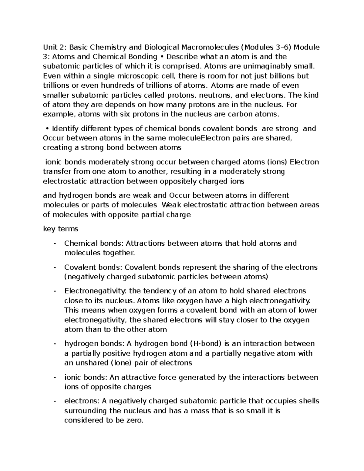 Unit 2 bio C190 - unit 2 notes - Unit 2: Basic Chemistry and Biological ...