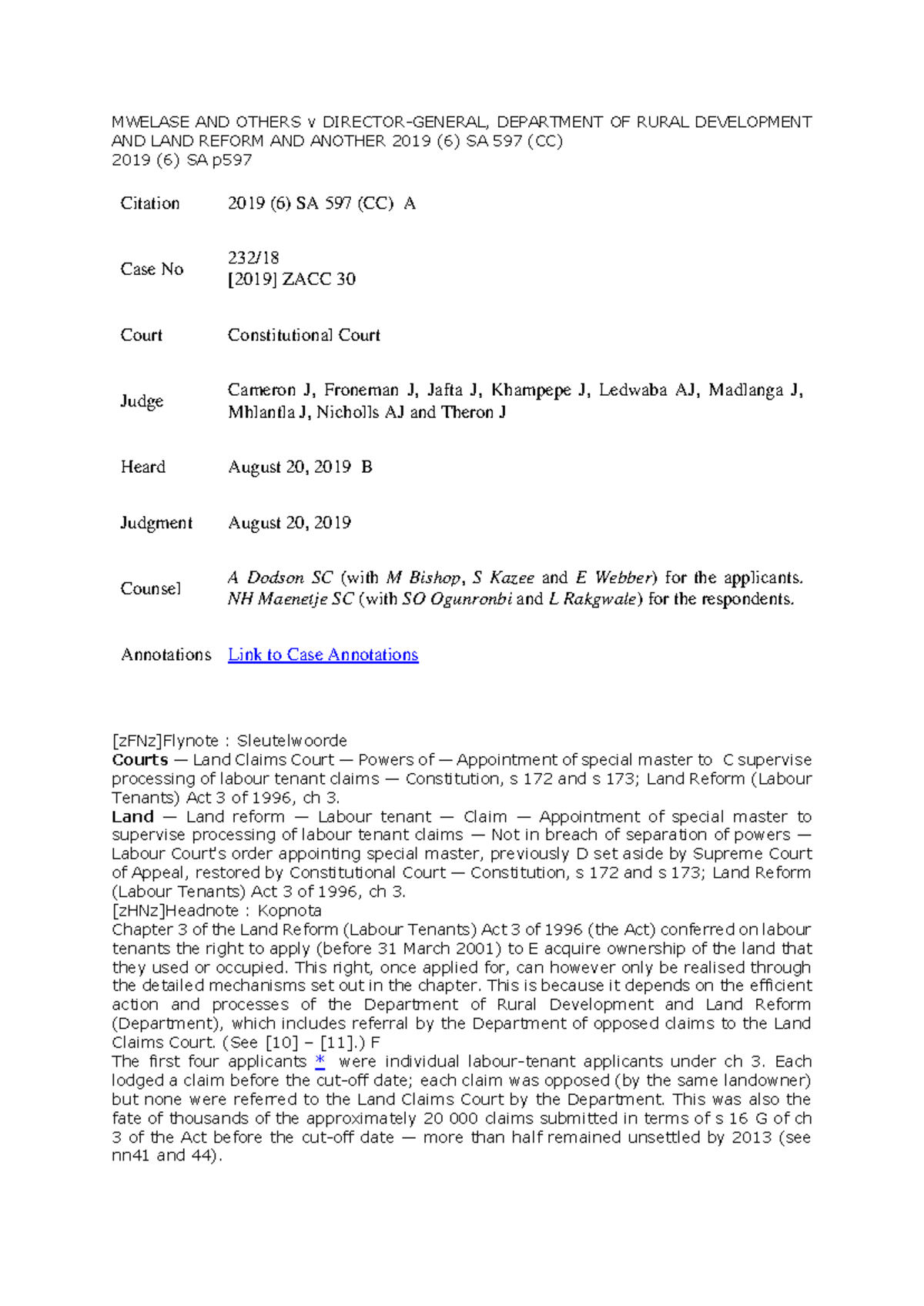 Mwelase and Others v Director-General, Dept of Rural Development (2019 ...