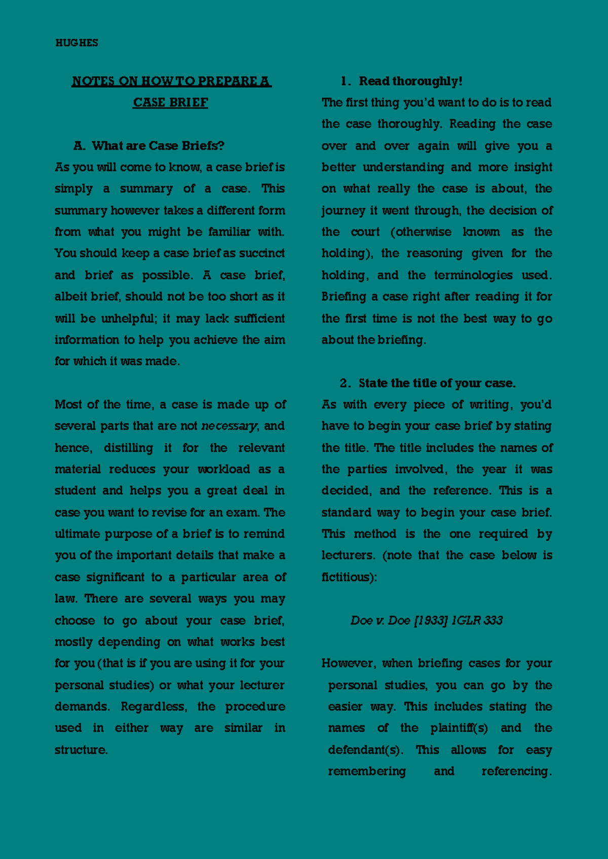 HUGHES CASE BRIEF PREPARATION NOTES: A STUDENT'S GUIDE - Studocu